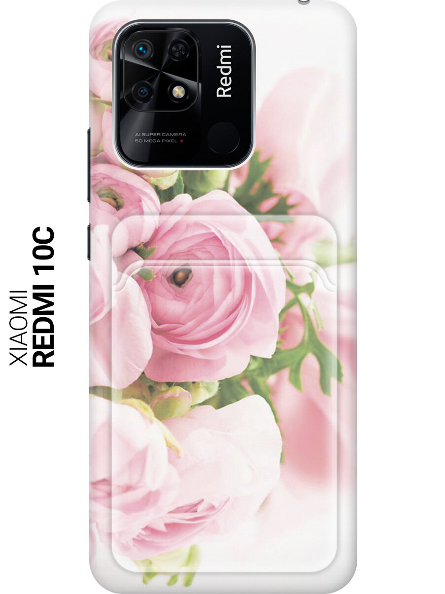 Чехол с карманом для карт на Xiaomi Redmi 10C / Сяоми Редми 10С с принтом "Розовые розы"