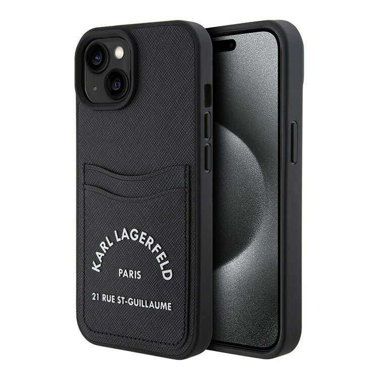 Karl Lagerfeld чехол с карманом для карт на iPhone 15, PU кожа Saffiano RSG 3D rubber logo, черный