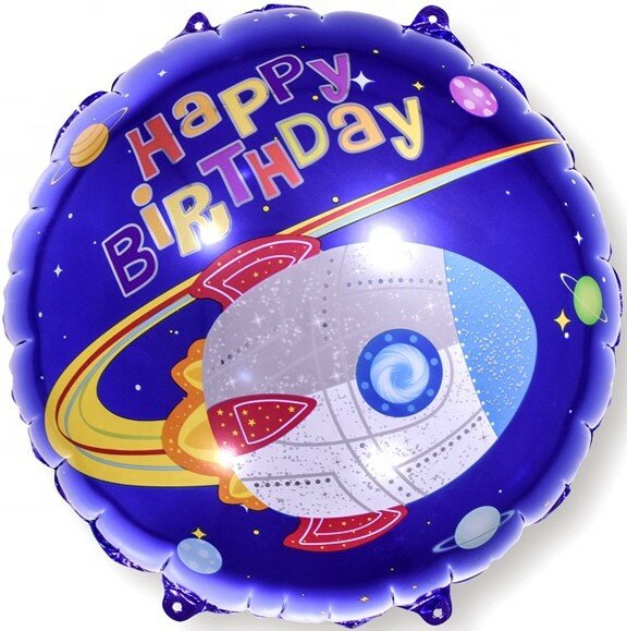 Воздушный шар из фольги. Круг. Ракета, С Днем Рождения, Синий, круг (18'/46 см, CHN)