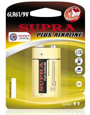 Элемент питания "крона", 9V (1шт) Supra plus alkaline (6LR61/ 9V)