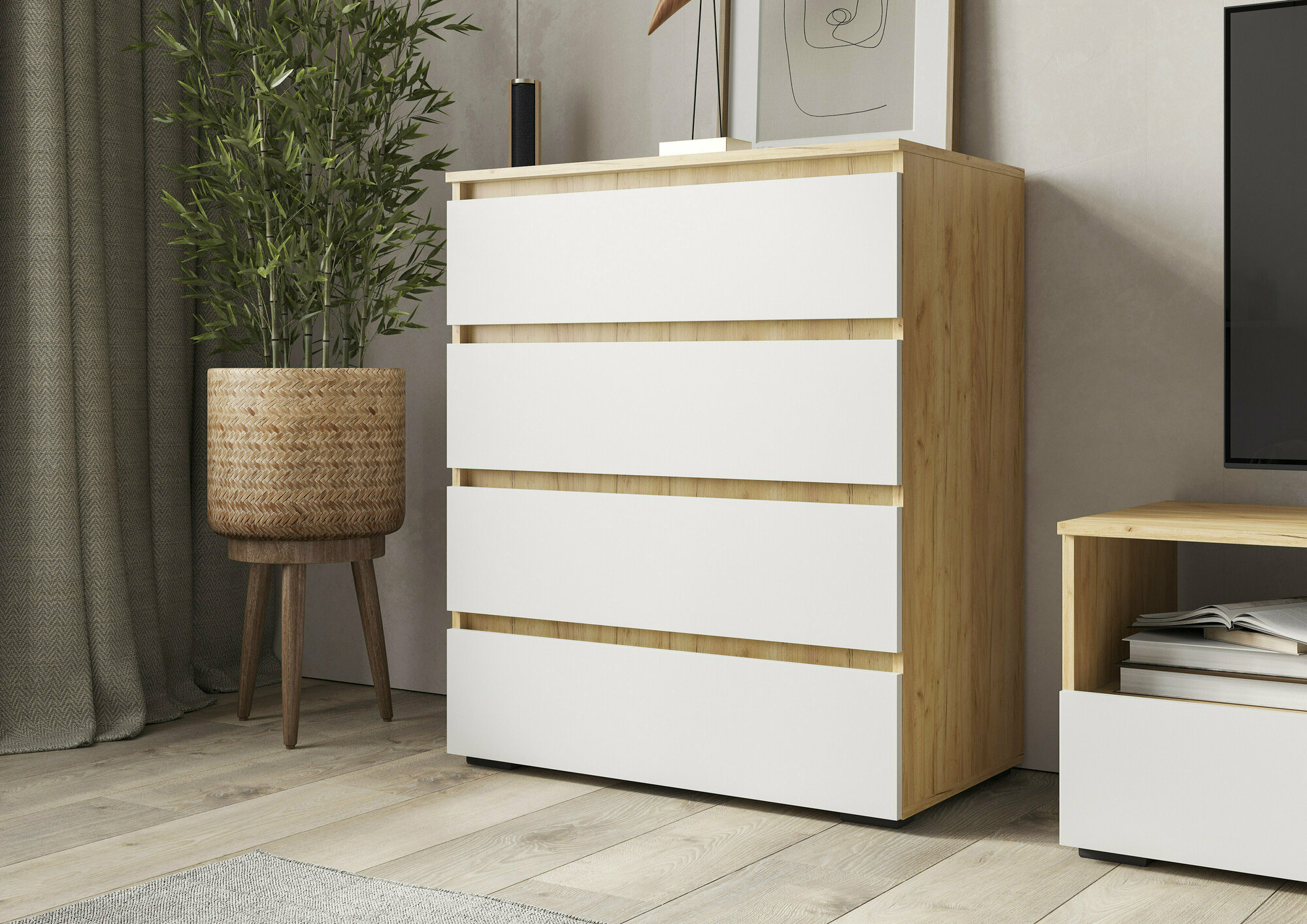 Комод хелен КМ 02, 802 4 ящика (0,802х0.958х0.460) фасад белый/корпус дуб крафт золотой