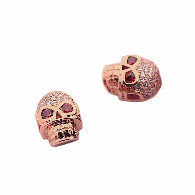 Бусина металлическая, 12х9.5х7мм, Milano, Череп с фианитами, базовый материал - латунь, под розовое золото, 1 шт.