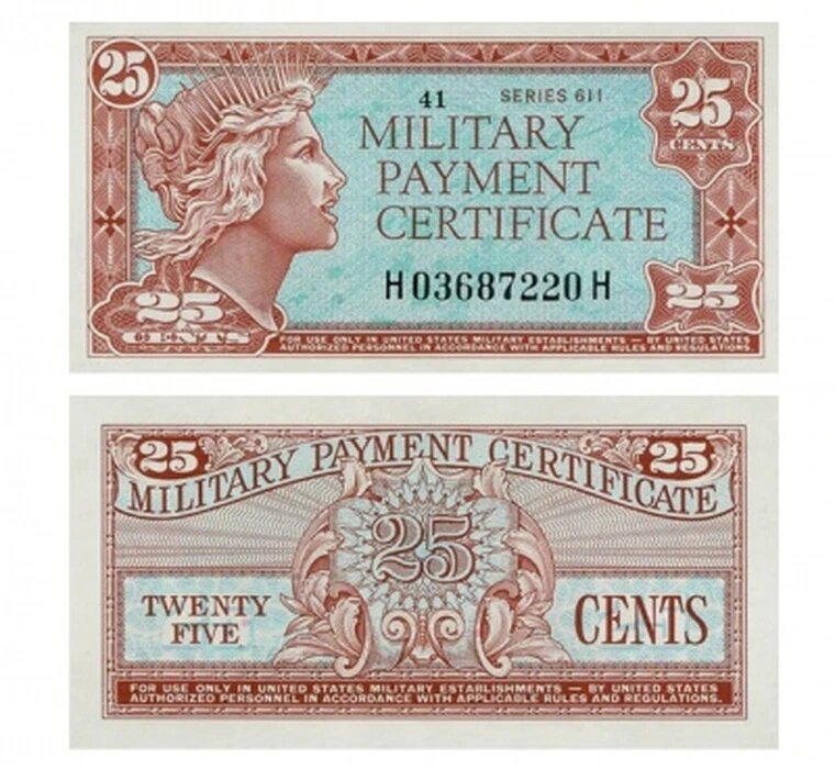 25 центов 1964 США военный платежный сертификат, сувенирная копия, банкноты и купюры редкие коллекционные