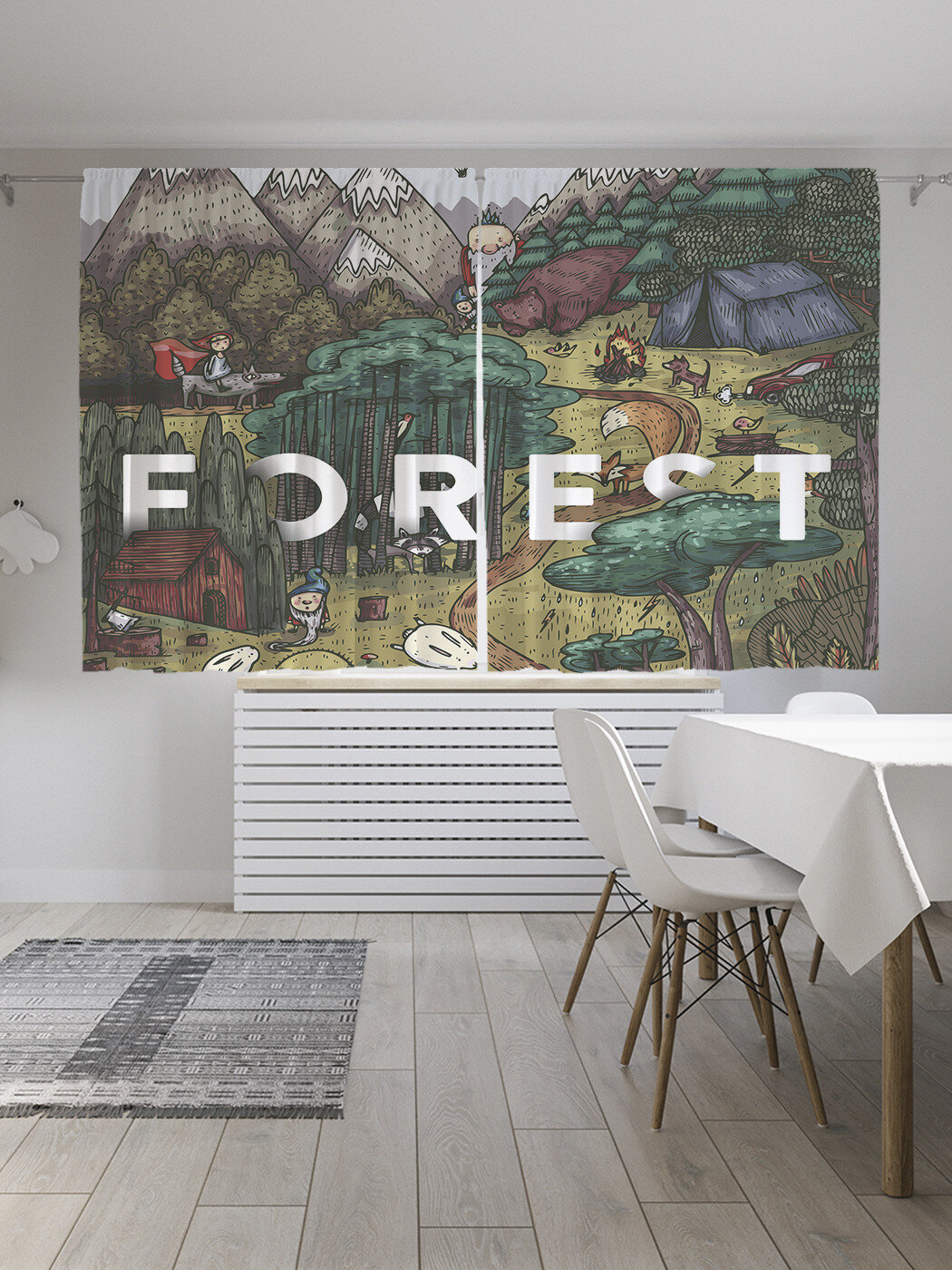 Фотошторы короткие "Нарисованный лес", 2 полотна шириной по 145 см, высота 180 см, JoyArty