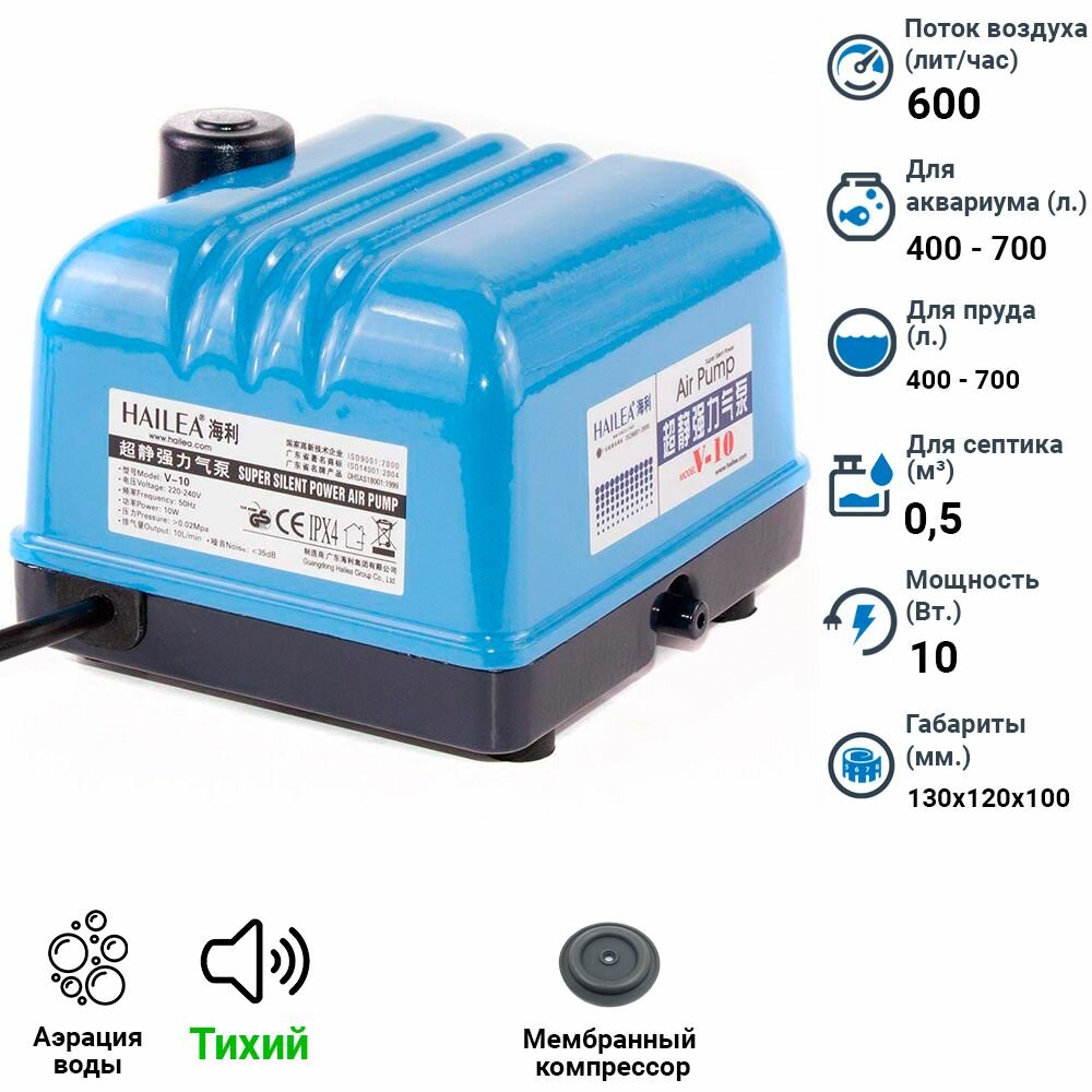 Тихий воздушный компрессор для аквариума и пруда от 400 до 700 литров, Hailea V 10.