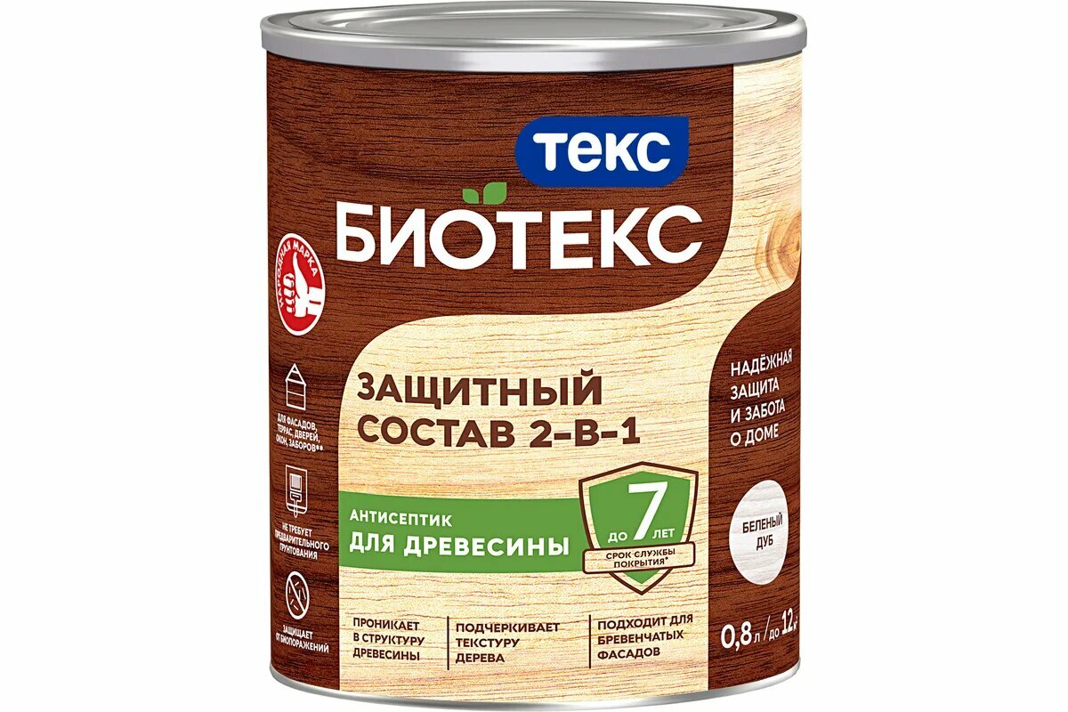 Текс BIOTEKS защитный состав 2-в-1 беленый дуб 0,8 л 700014228 для древесины
