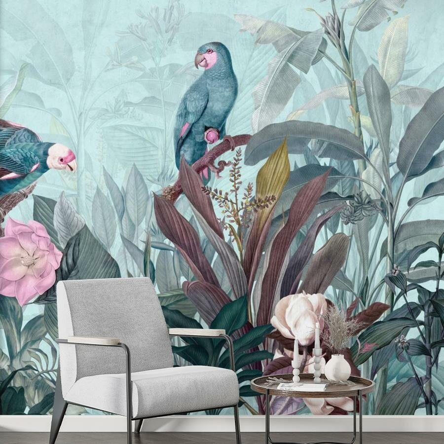 Фотообои Попугаи в тропиках 12-1839-S-Холст 270 x 200 см (ВхШ) Бесшовные, флизелиновые, влагостойкие обои