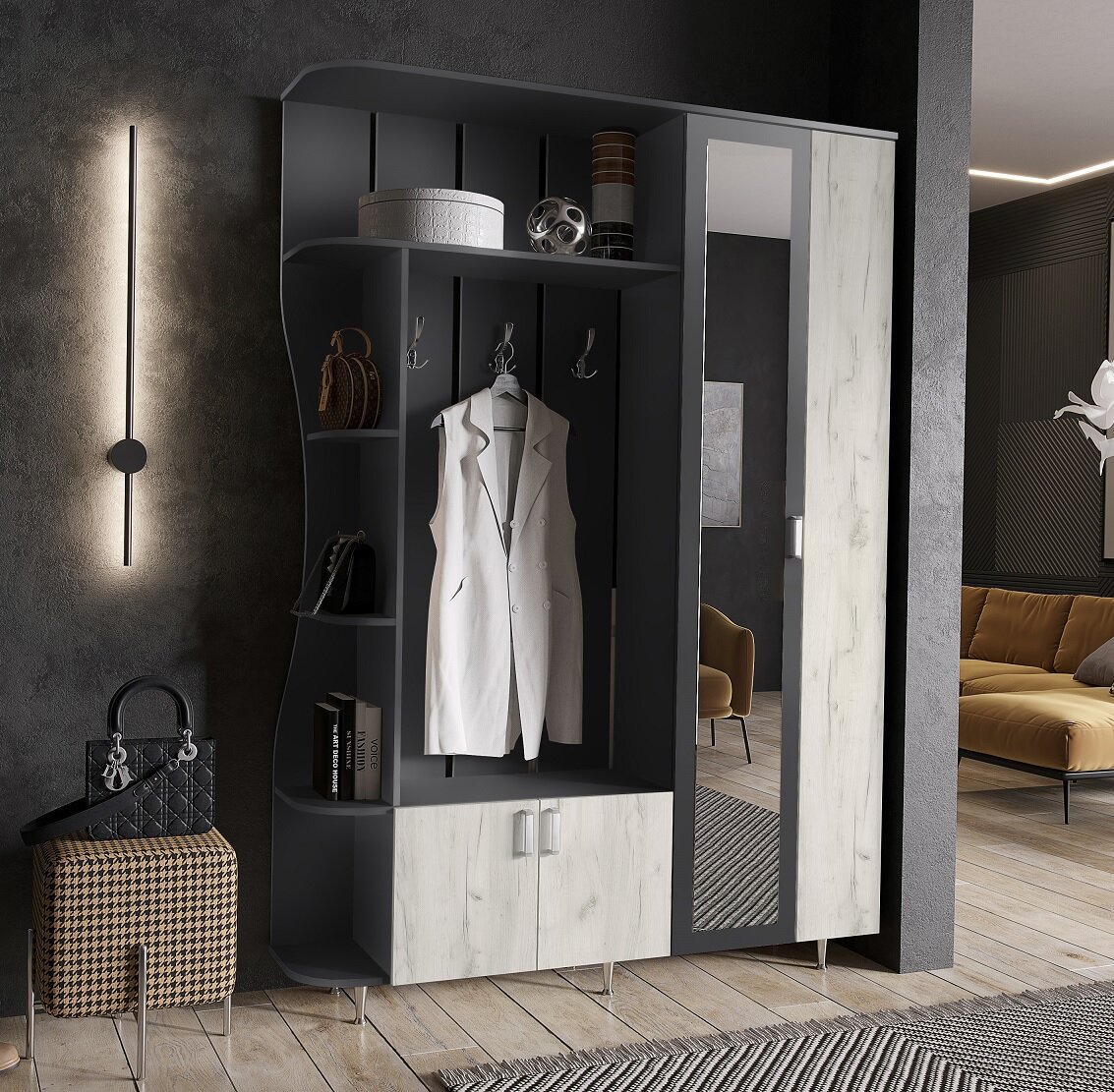 Прихожая мебель в коридор Лика-1, дуб юкон/графит, модульная комплект с зеркалом