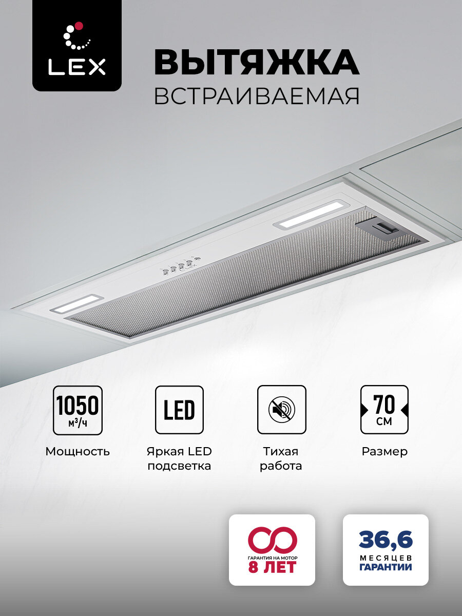 Вытяжка кухонная встраиваемая LEX HYPER 900 WH, отделка окрашенная сталь, 3 скорости, кнопочное управление