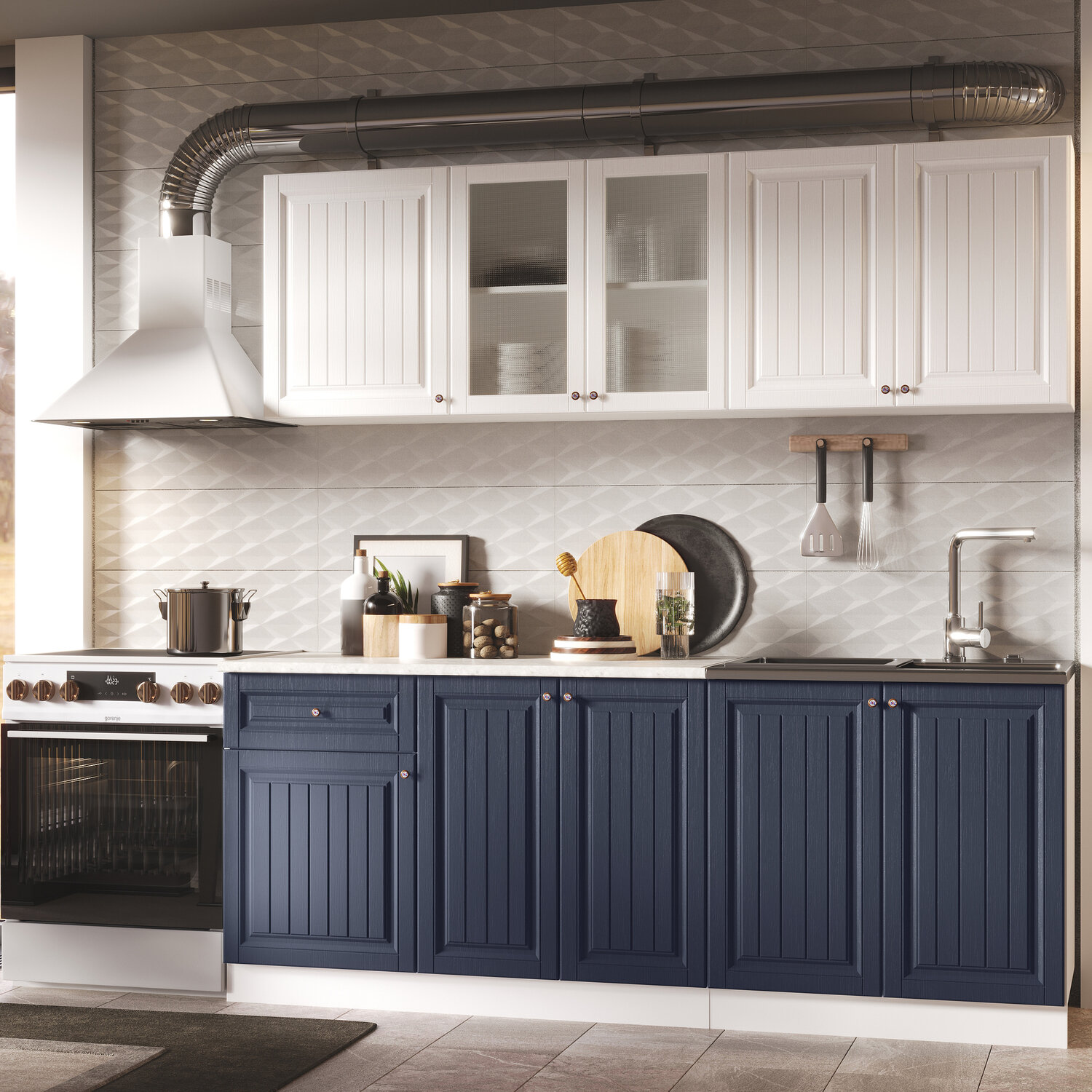 Кухонный гарнитур, кухня, готовый комплект Хозяюшка 2 метра Акация белая/Сапфир