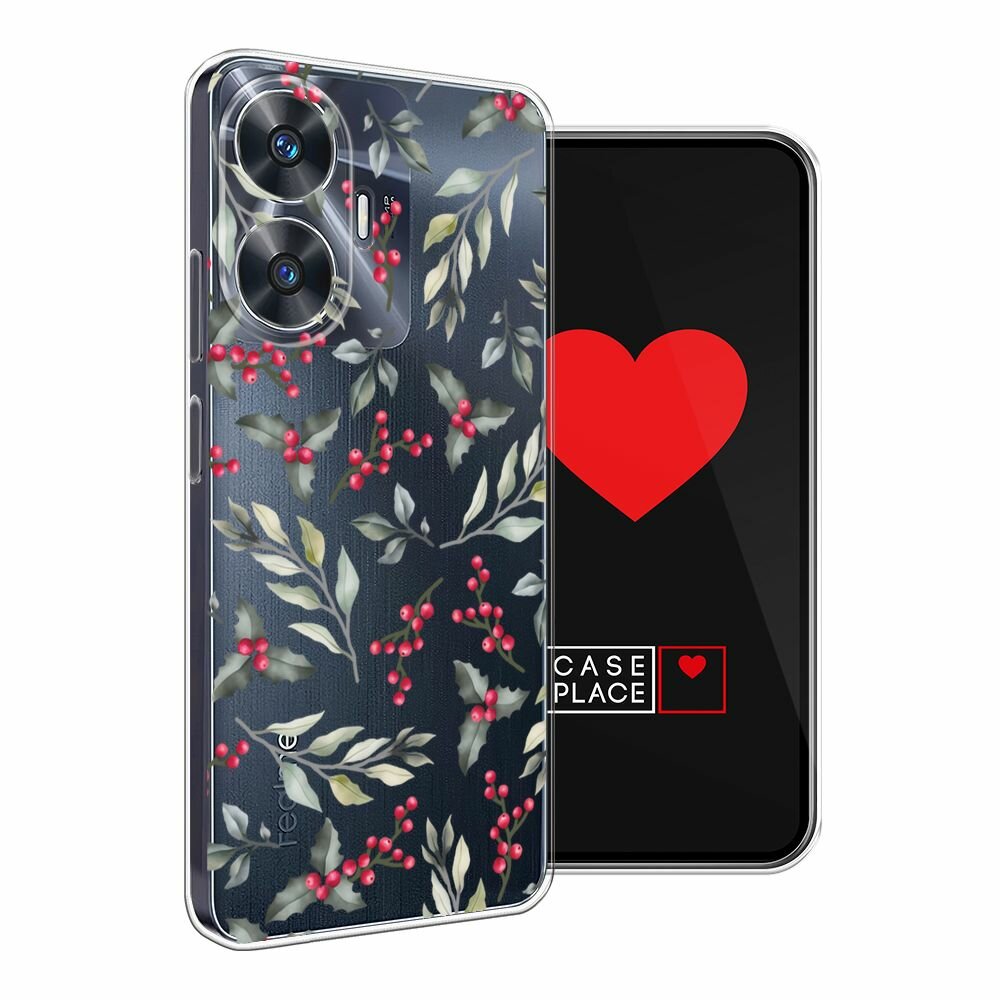 Чехол на Realme C55 / Реалми C55 с принтом Зимние ягоды паттерн, прозрачный — фото 1