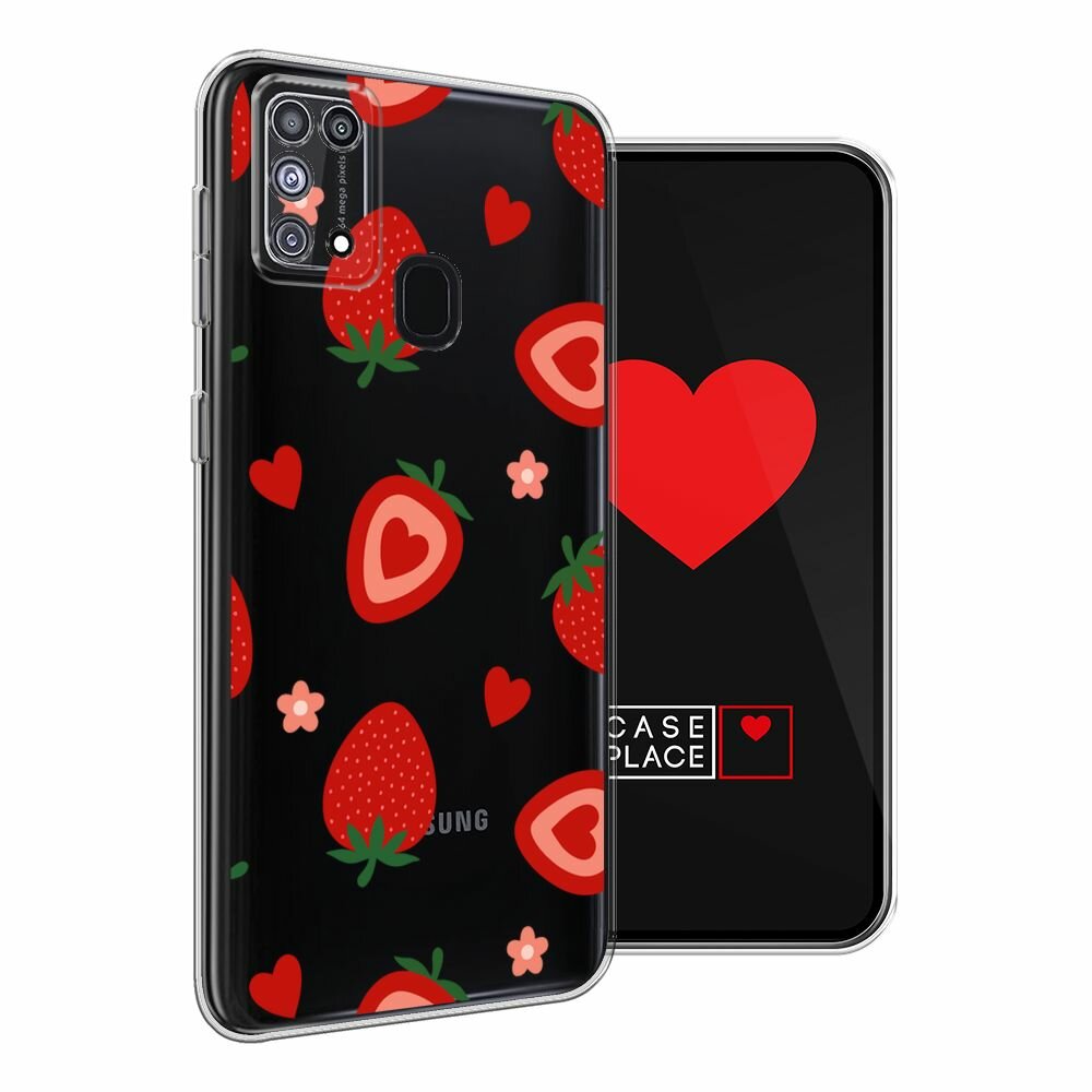 Чехол на Samsung Galaxy M31 / Самсунг Галакси М31 с принтом "Heart strawberries 2 - 14 февраля", прозрачный — фото 1