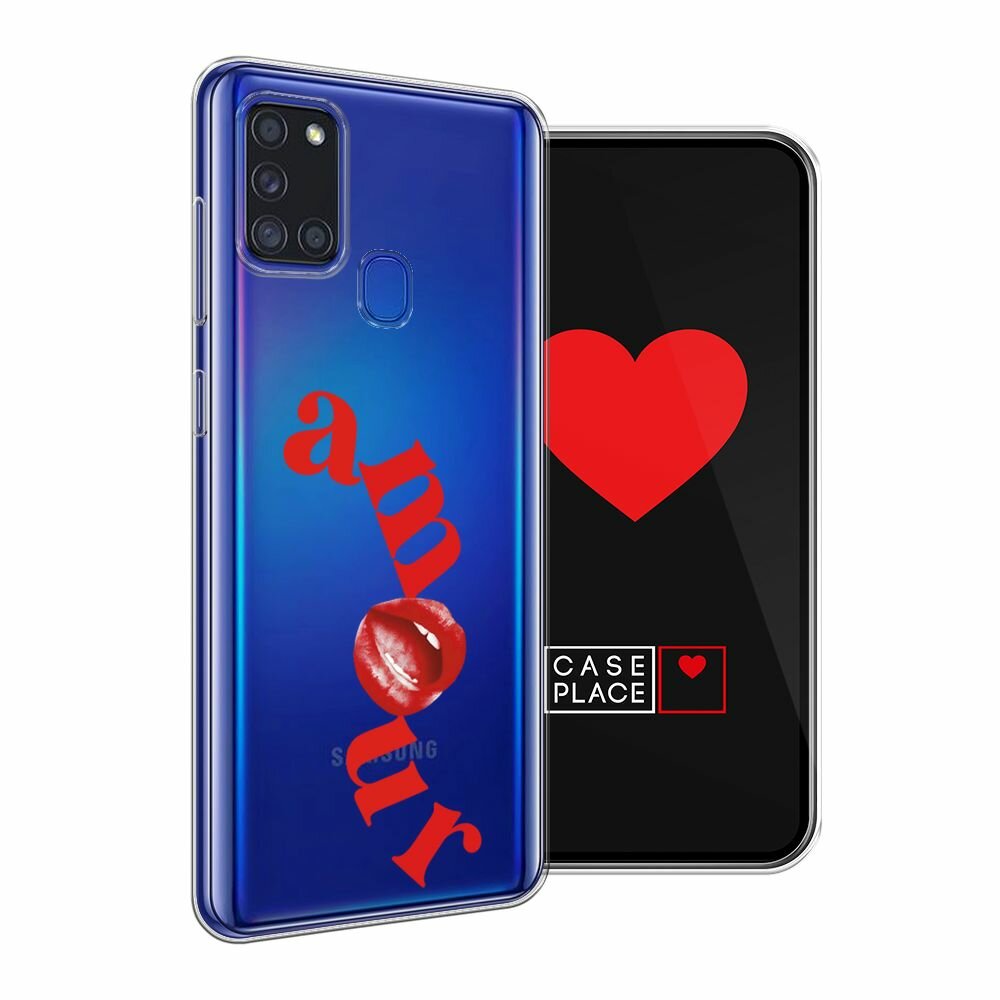 Чехол на Samsung Galaxy A21s / Самсунг Галакси A21s с принтом "Amour lips - 14 февраля", прозрачный — фото 1