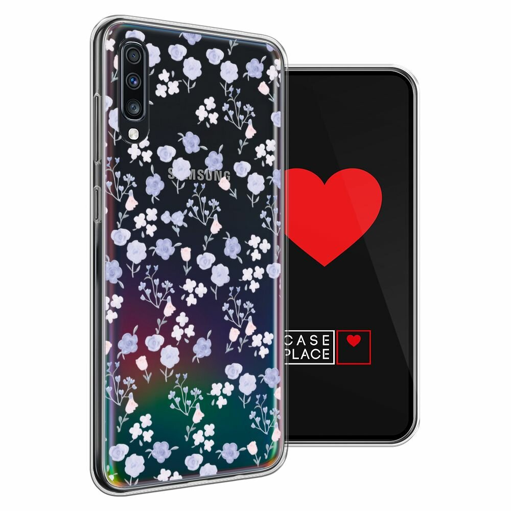 Чехол на Samsung Galaxy A70 / Самсунг Галакси А70 с принтом "Сиреневые розы паттерн", прозрачный — фото 1