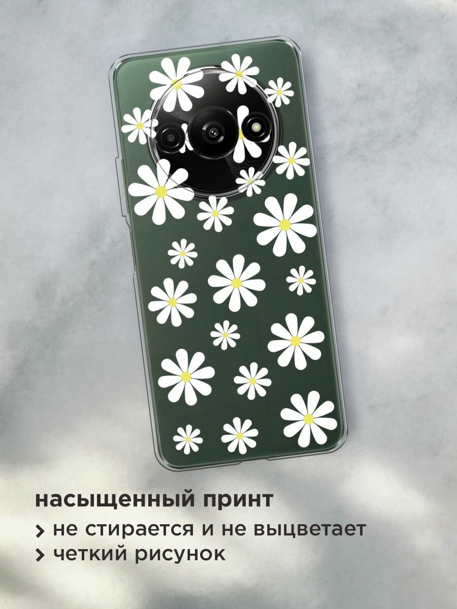 Чехол на Xiaomi Redmi A3/A3x/Poco C61 / Сяоми Редми А3/A3x/Поко С61 с принтом "Большие ромашки", прозрачный — фото 1