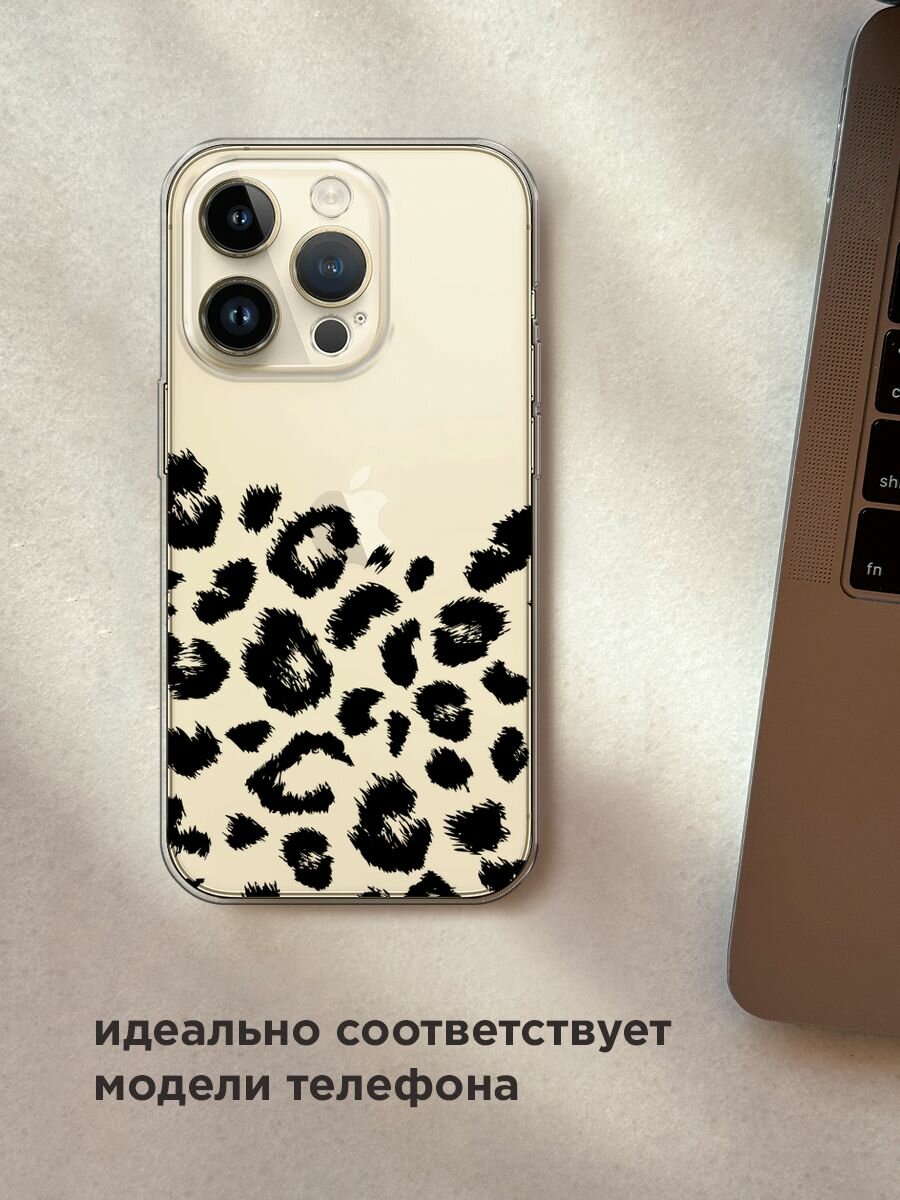 Чехол на Apple iPhone 14 Pro / Айфон 14 Про с принтом "Окрас леопарда фон черный", прозрачный — фото 1