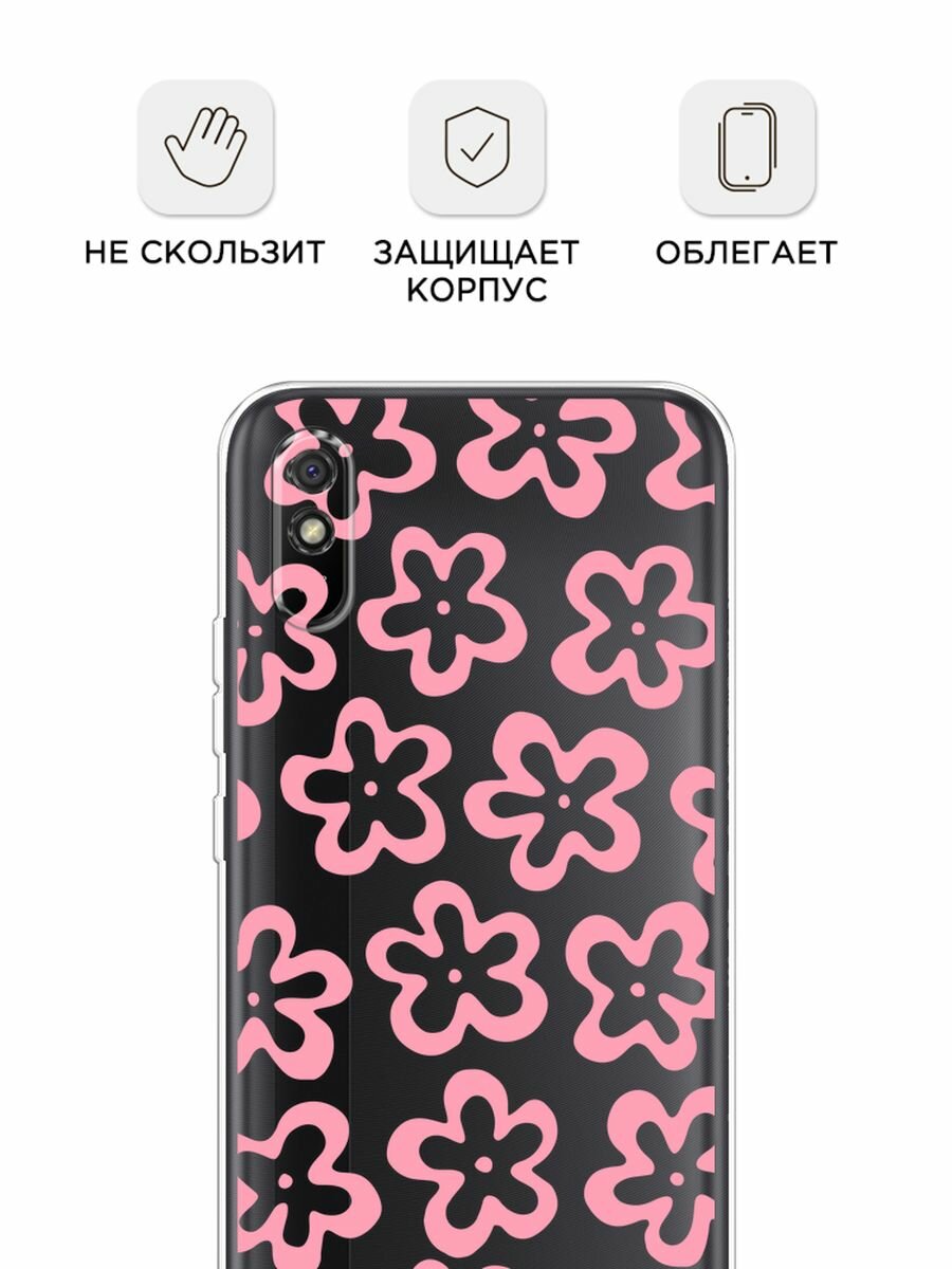 Чехол на Xiaomi Redmi 9A / Сяоми Редми 9А с принтом "Простые розовые цветочки", прозрачный — фото 1