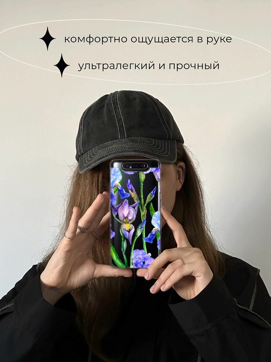 Чехол на Samsung Galaxy A80 / Самсунг Гэлакси A80 с принтом "Синие ирисы", прозрачный — фото 1