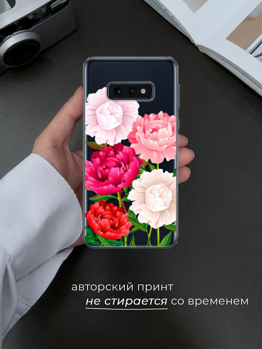 Чехол на Samsung Galaxy S10E / Самсунг Галакси S10E с принтом "Большие пионы", прозрачный — фото 1