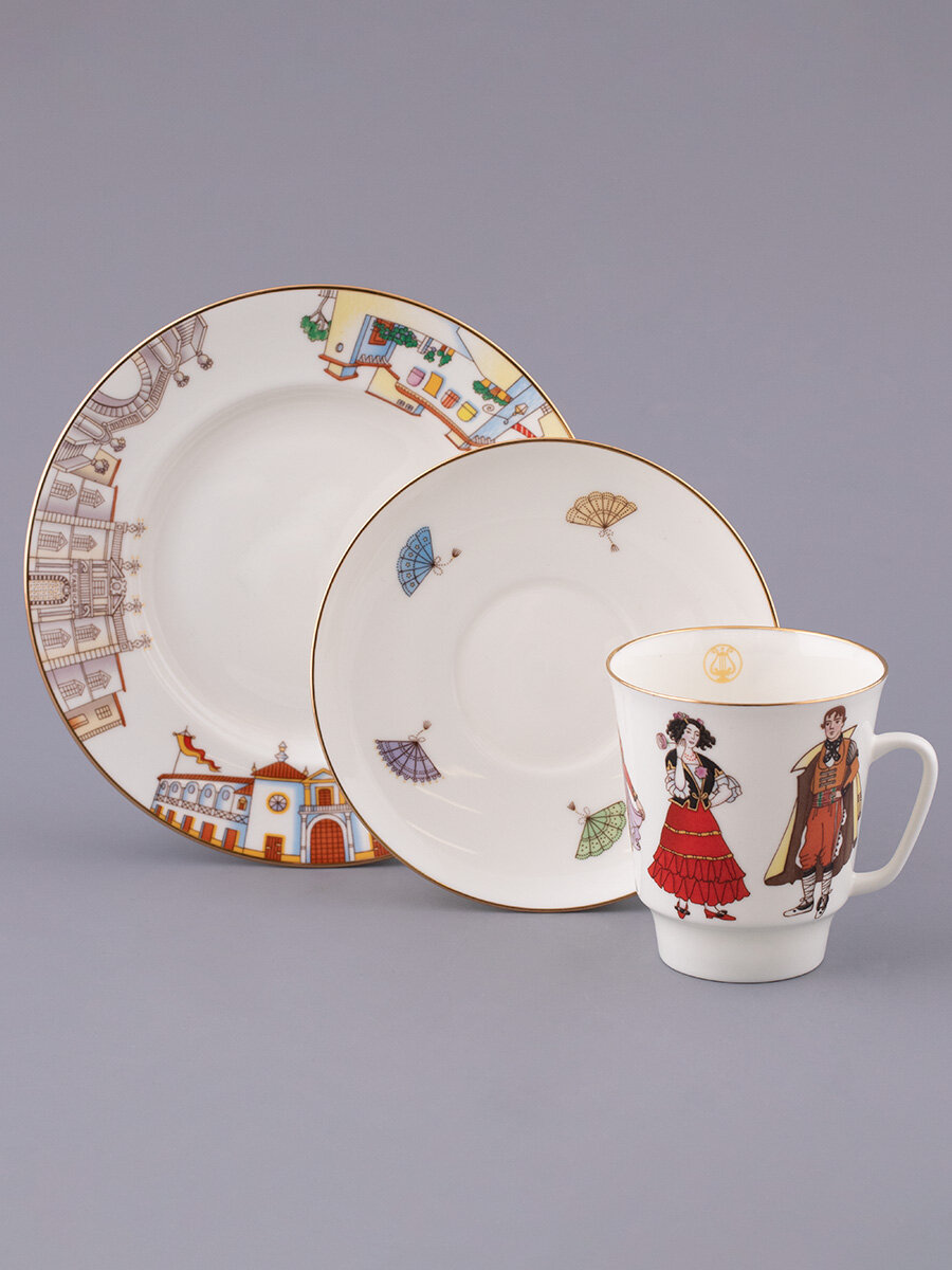 Трехпредметный кофейный сервиз Опера Кармен, форма Майская, 160 мл, Костяной фарфор, Императорский фарфоровый завод