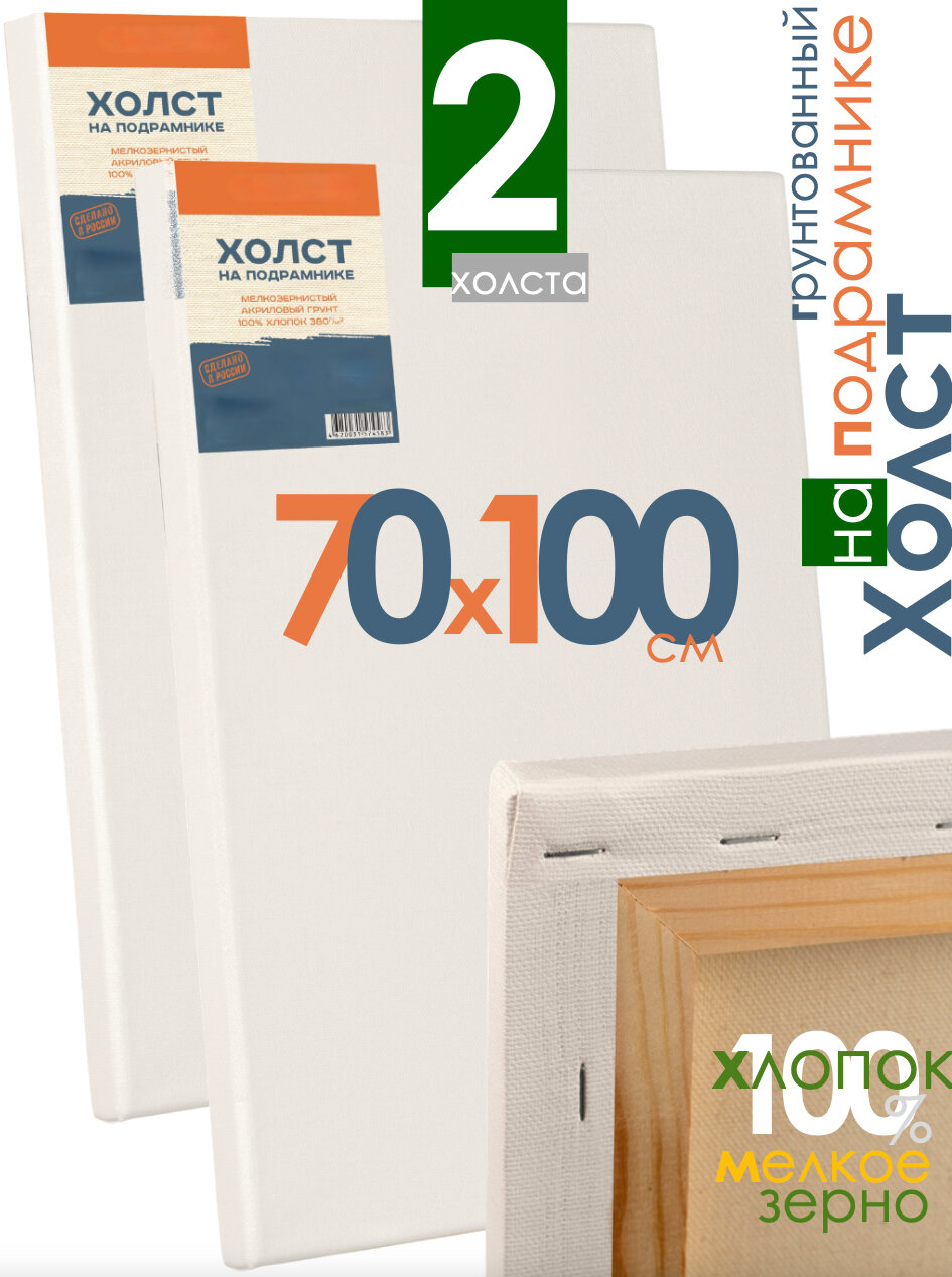 Холст на подрамнике 70х100 см, Комплект 2 шт, хлопок Пинакс, мелкозернистый, 380 гр/м2, артикул SF-ХПХ70100-02
