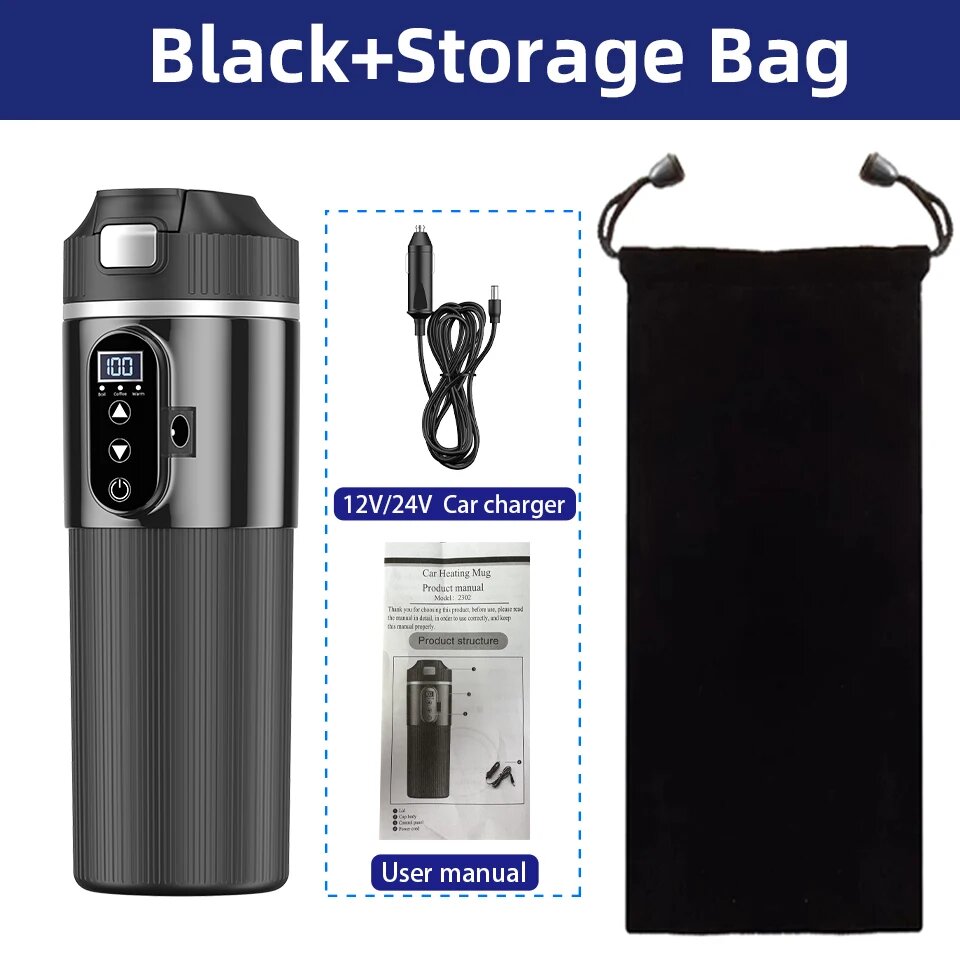 E-ACE 500 мл электрический автомобильный чайник с подогревом 12 В/24 В, чашка с подогревом из нержавеющей стали, быстрый нагрев для внедорожника, грузовика, автофургона, кемпинга, путешествий Black with bag