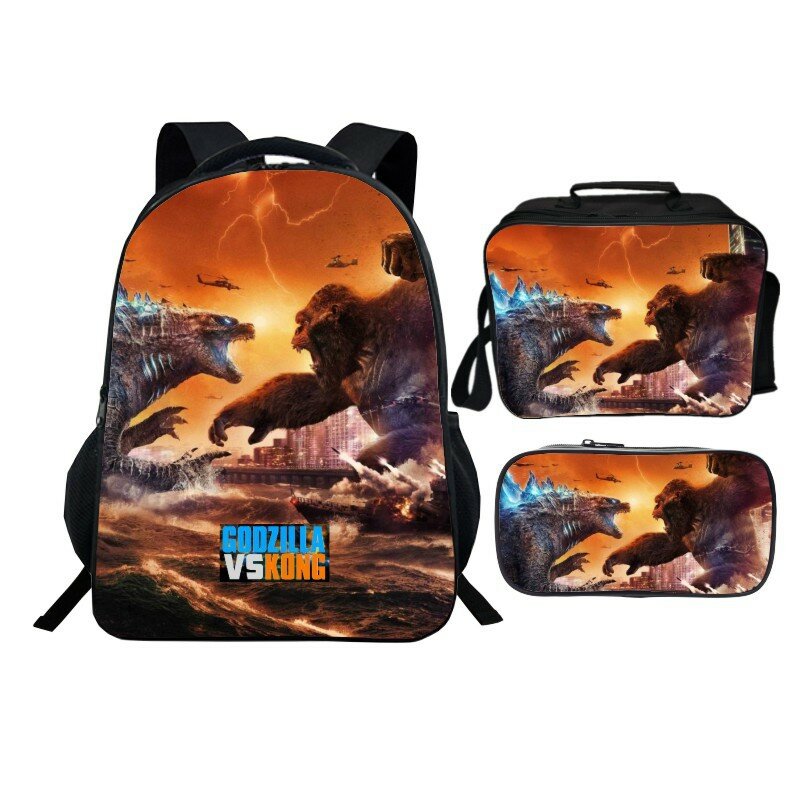 2026 Печатный рюкзак Годзилла против Конга, сумка для обеда Годзилла против Конга, пенал, набор из трех предметов, мультфильм