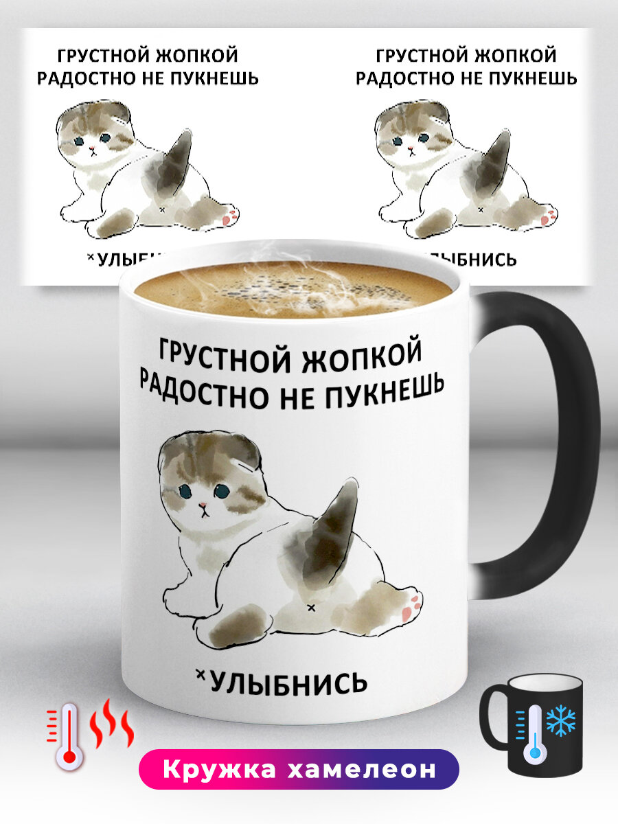 Кружка хамелеон прикол мем котик Грустной попкой не пукнешь 330 мл, керамическая с ярким принтом, подходит для СВЧ