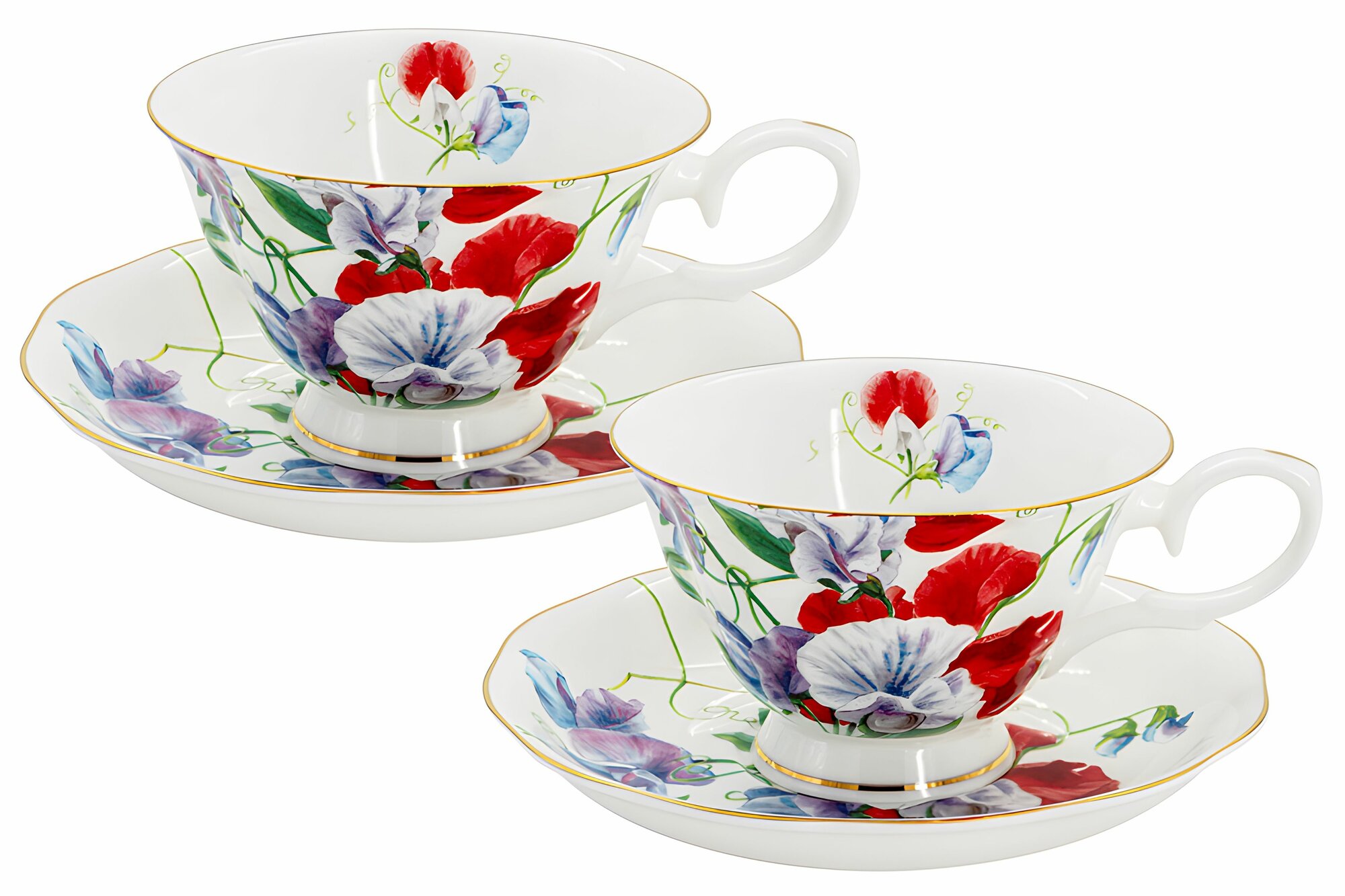 Чайный набор на 2 персоны Душистый горошек костяной фарфор, сервиз 4 предмета: 2 шт чашки 180 мл и блюдца из фарфора, подарочный