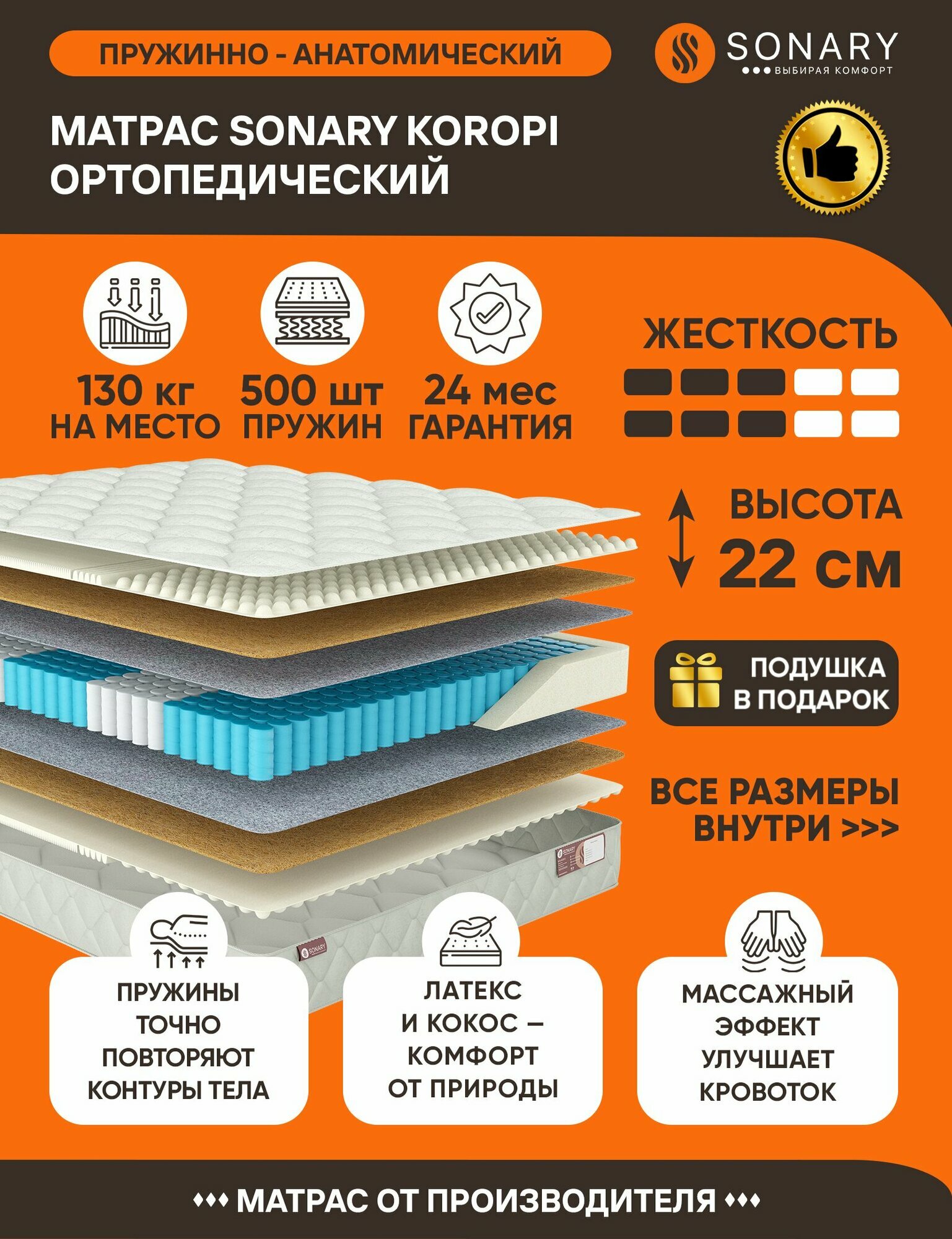 Матрас Sonary Koropi 90х140 серии Zone высота 22 см анатомический средней жесткости кокосовый латексный Независимые