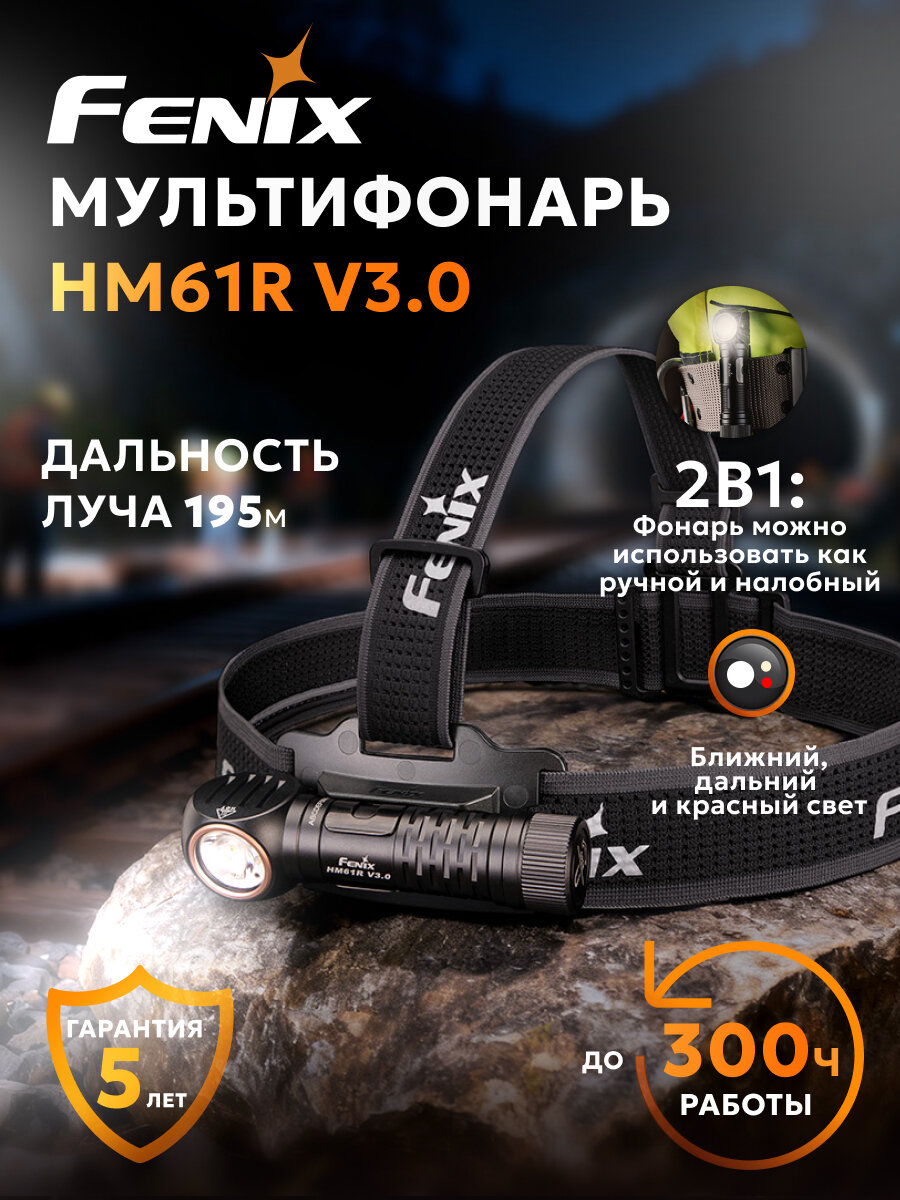 Фонарь Fenix HM61R V3.0, налобный, яркий свет, ударопрочный, влагозащищенный