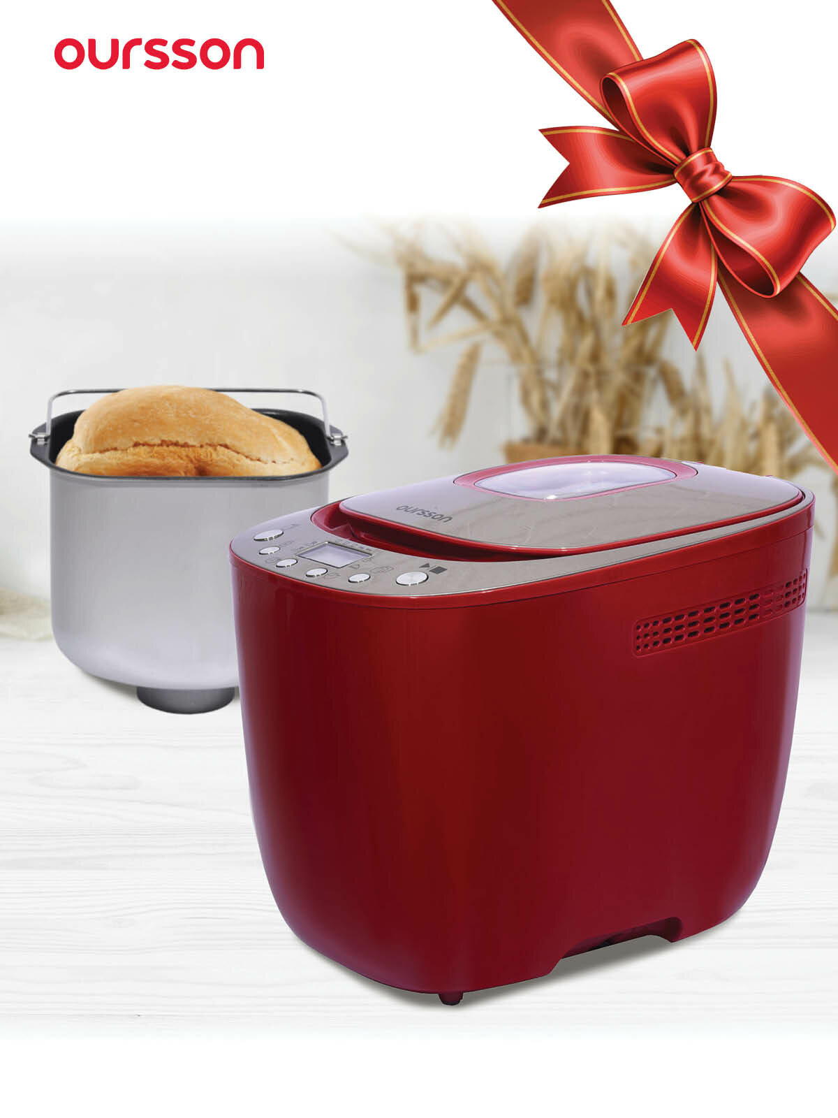 Хлебопечь Oursson BD1023JY/RD, съёмная чаша, антипригарное покрытие, красная