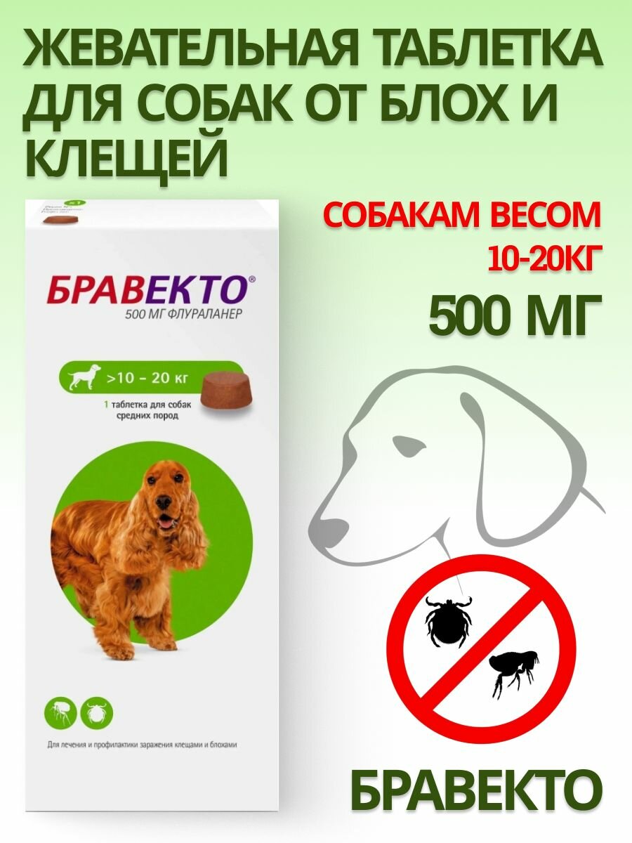 Бравекто таблетка жевательная от блох и клещей 500мг для собак весом 10-20кг