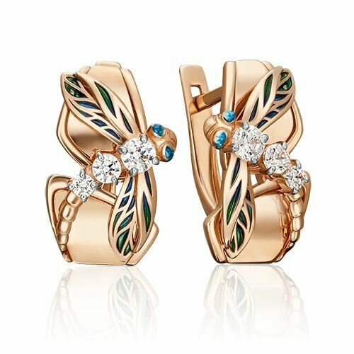 Серьги, красное золото, 585 проба, эмаль, фианит