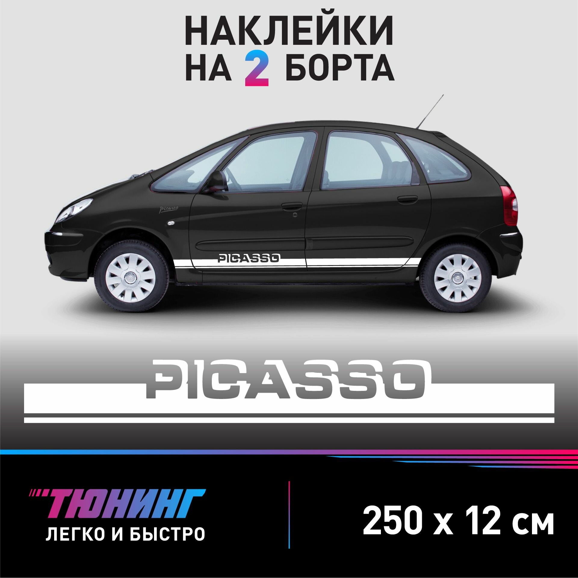Наклейки на автомобиль Citroen Picasso - белые наклейки на авто Ситроен Пикассо на ДВА борта