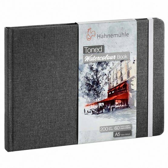 Альбом для акварели Hahnemuhle «Watercolour book» 200 г/м2 A5 30 л пейзаж целлюлоза 100% мелкое зерно жёсткая обложка (ткань) с резинкой серый