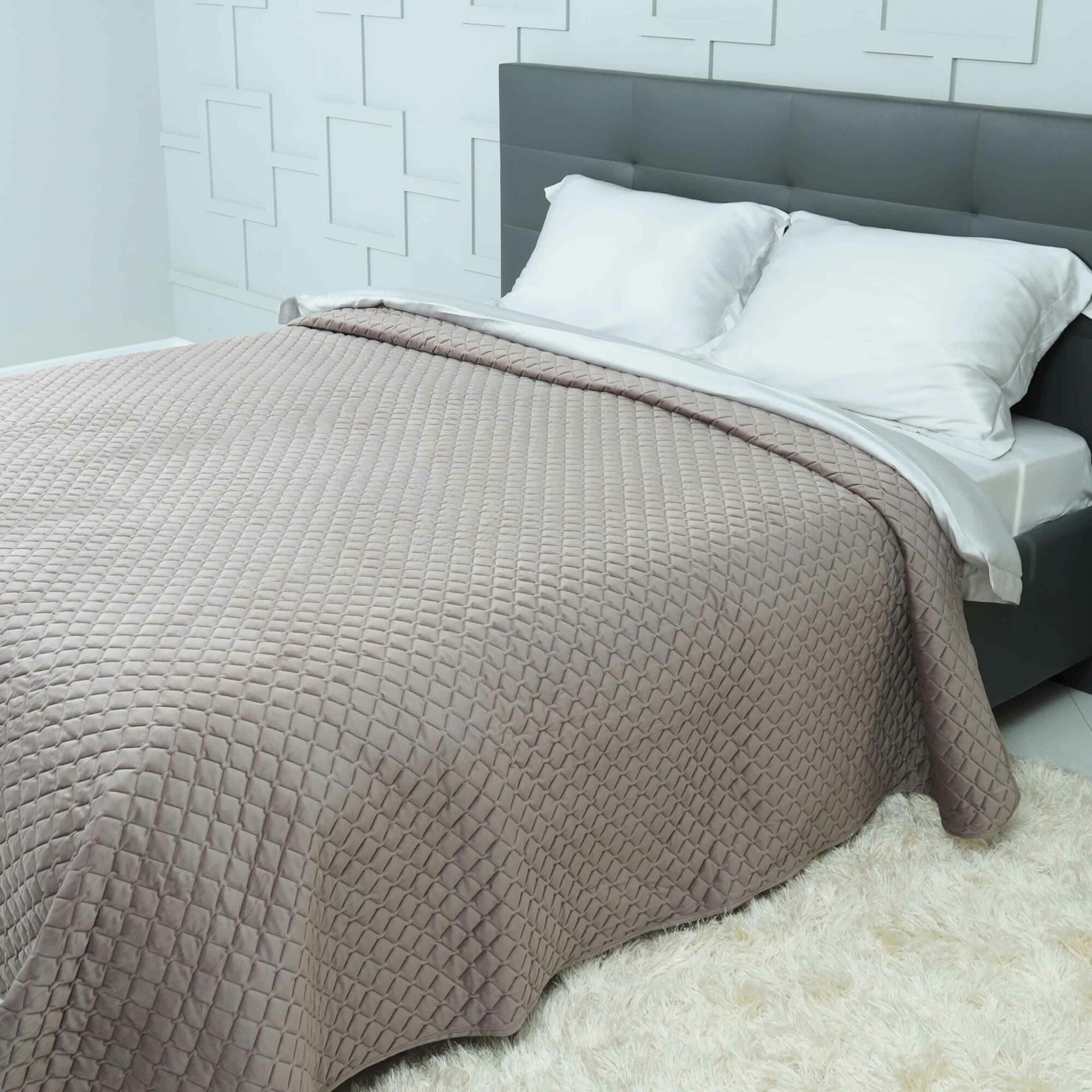 Покрывало, 220х240 см, стеганое, вельвет/микрофибра, сиреневое, Stitch velvet, Kuchenland