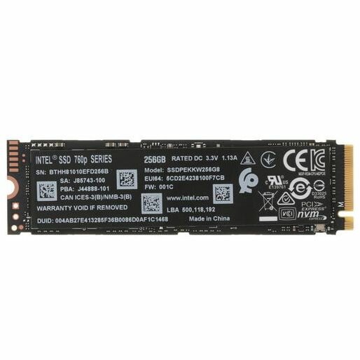 256 ГБ SSD M.2 накопитель Intel 760p Series (SSDPEKKW256G8XT) - PCI-E 3.0, чтение - 3210 Мбайт/с, запись - 1315 Мбайт/с, 3D NAND