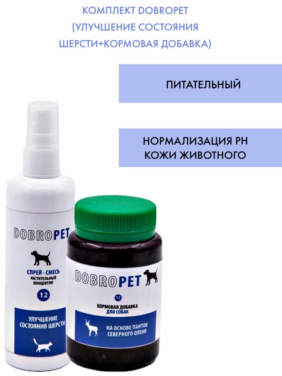 Набор DOBROPET-12: Спрей для улучшения состояния шерсти и Кормовая добавка для собак, 2 шт.