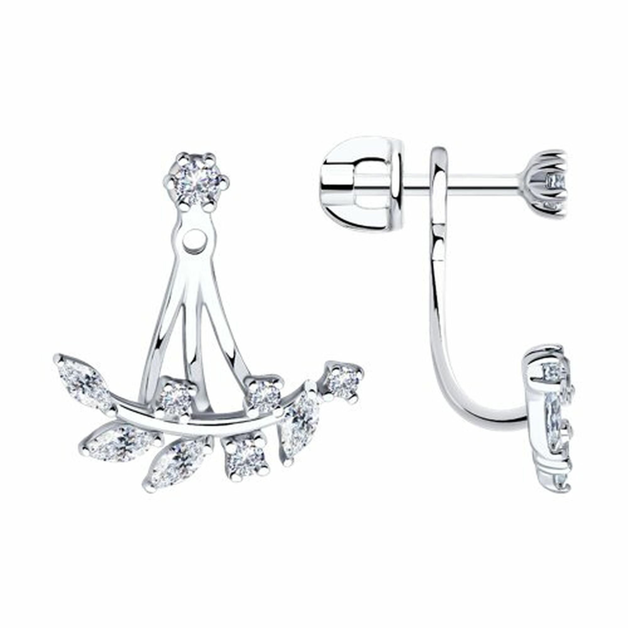 Серьги пусеты, трансформеры, серебро, 925 проба, родирование, фианит