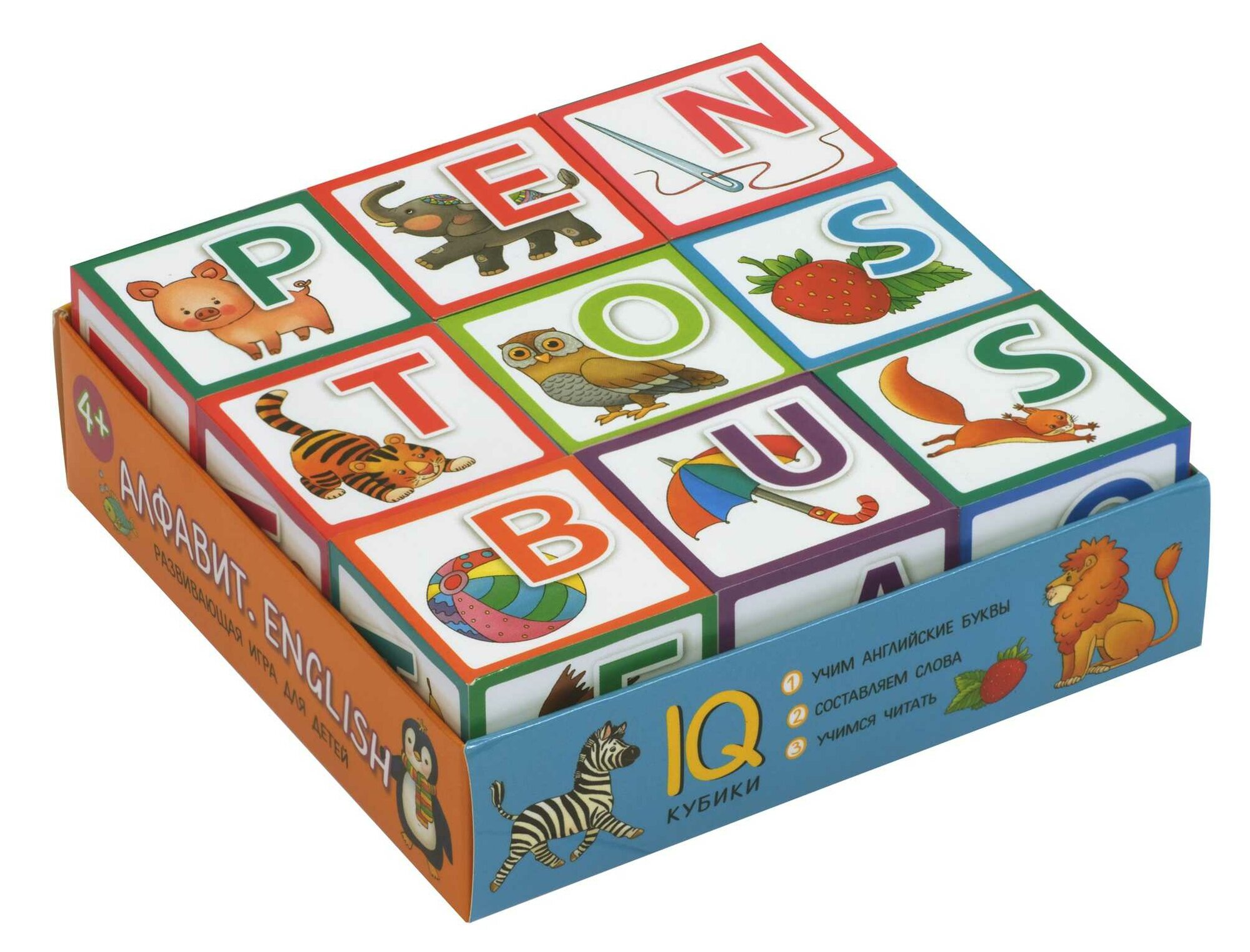 Умные кубики в поддончике. 9 штук. Алфавит. English (нов). IQ Кубики