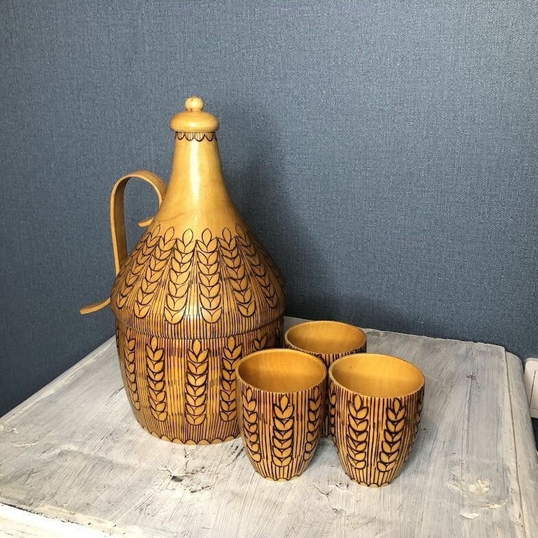 Набор кувшин 4л и кружки, СССР "колосья богатства", дерево, резьба, обжиг