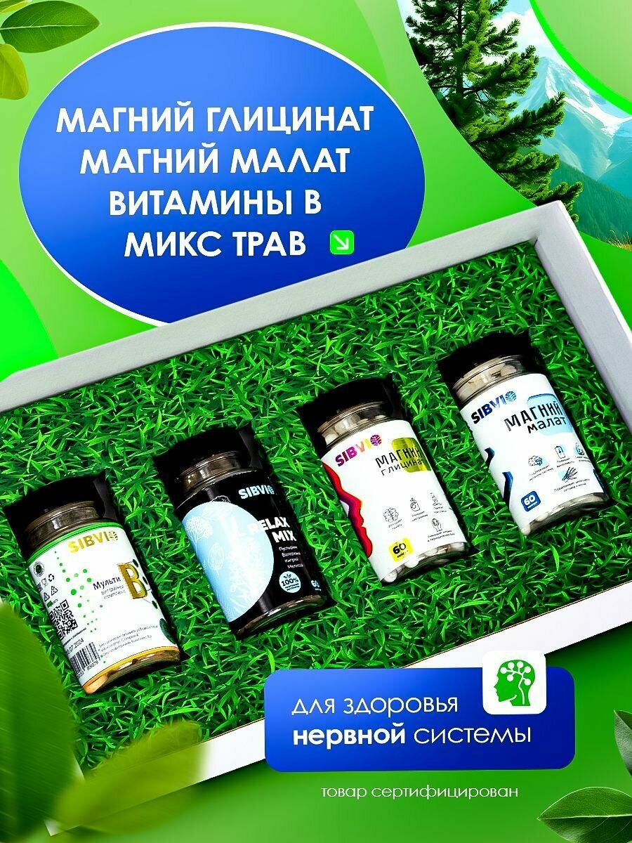 Подарочный набор Магний глицинат 500 мг Relax Mix Магния Малат 400 мг Витамины группы В