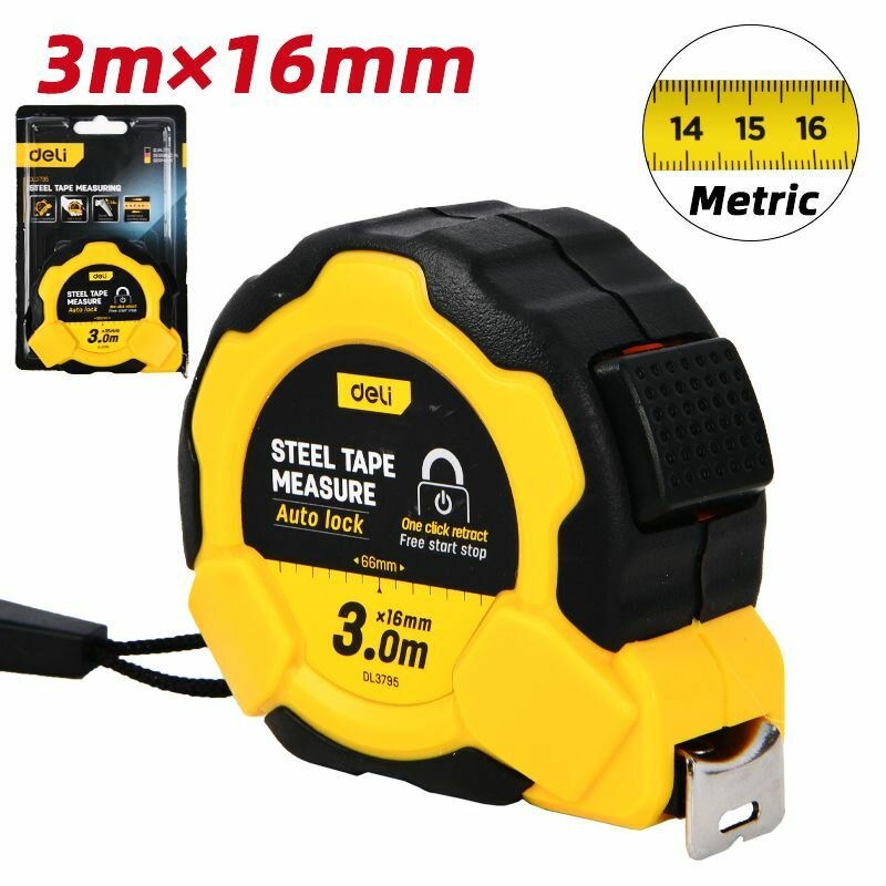 Рулетка 3м х 16мм Deli DL3795 (Автостоп, ударопрочный обрезиненный корпус, метрическая, клипса, ремешок)
