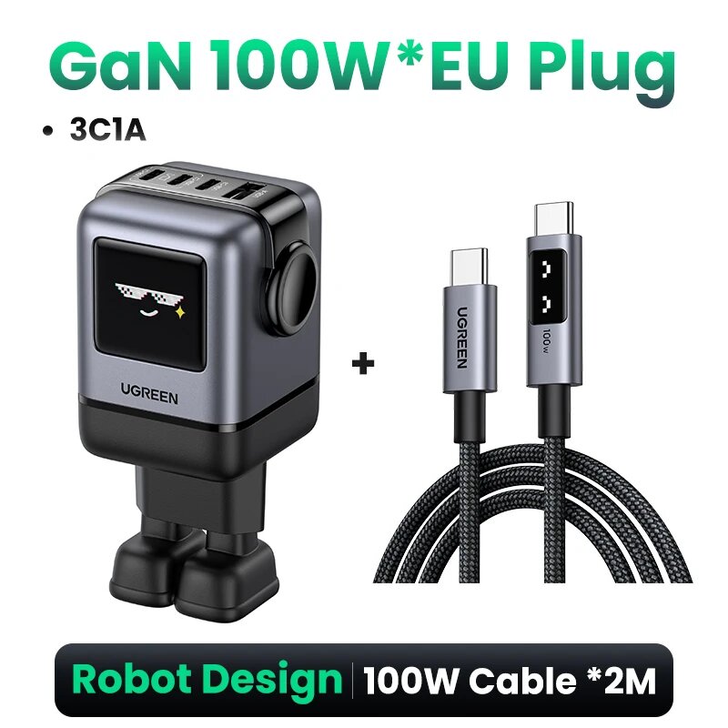 UGREEN Uno 100 Вт GaN Charger Robot Design QC4.0 3.0 PPS PD 3.0 Быстрое зарядное With 2M Robot Cable