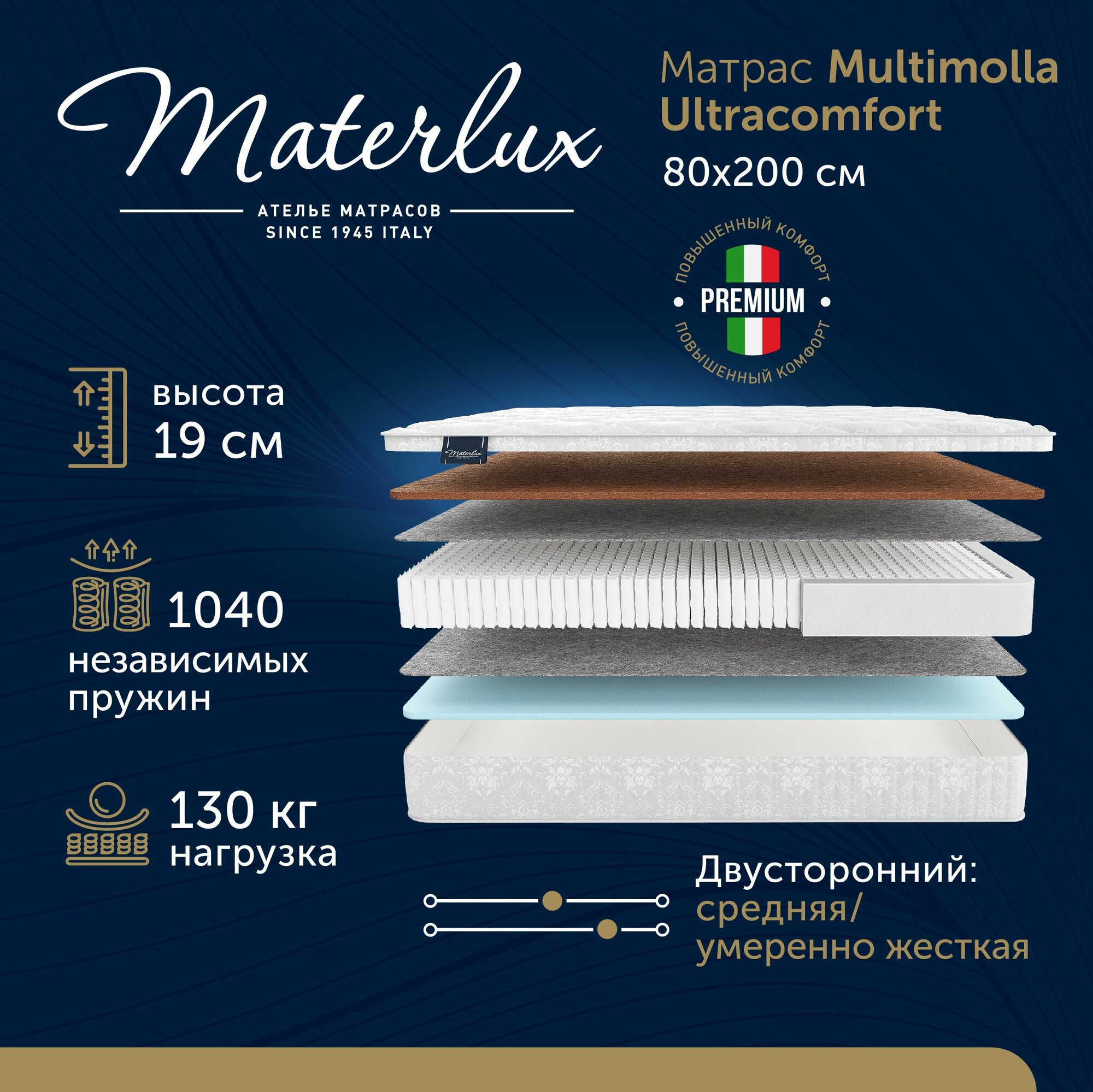 Матрас Materlux Multimolla UltraComfort, Независимые пружины, 80х200 см, двусторонний