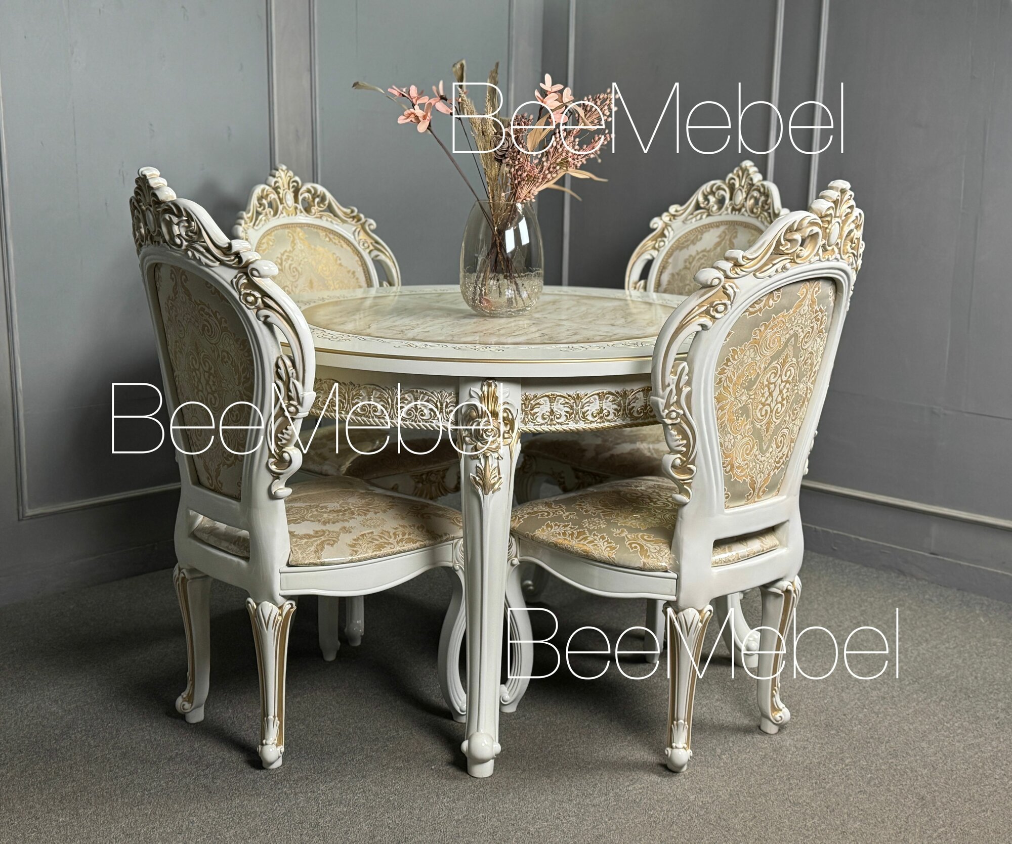 Обеденная группа, стол круглый 120 и 4 стула . Обеденная группа слоновая кость