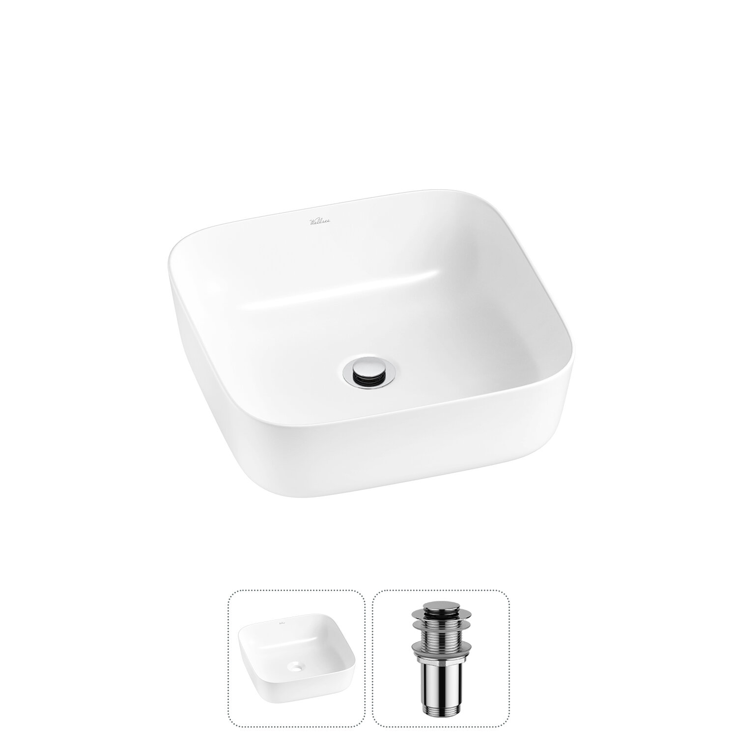 Накладная раковина в ванную комнату Wellsee Preen 20214175R в наборе 2 в 1: раковина 39 см в цвете белый глянец, донный клапан в цвете хром