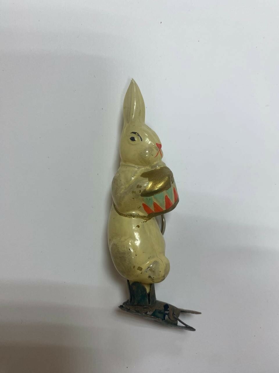 Игрушка на елку Заяц с барабаном 10 см Винтаж из СССР