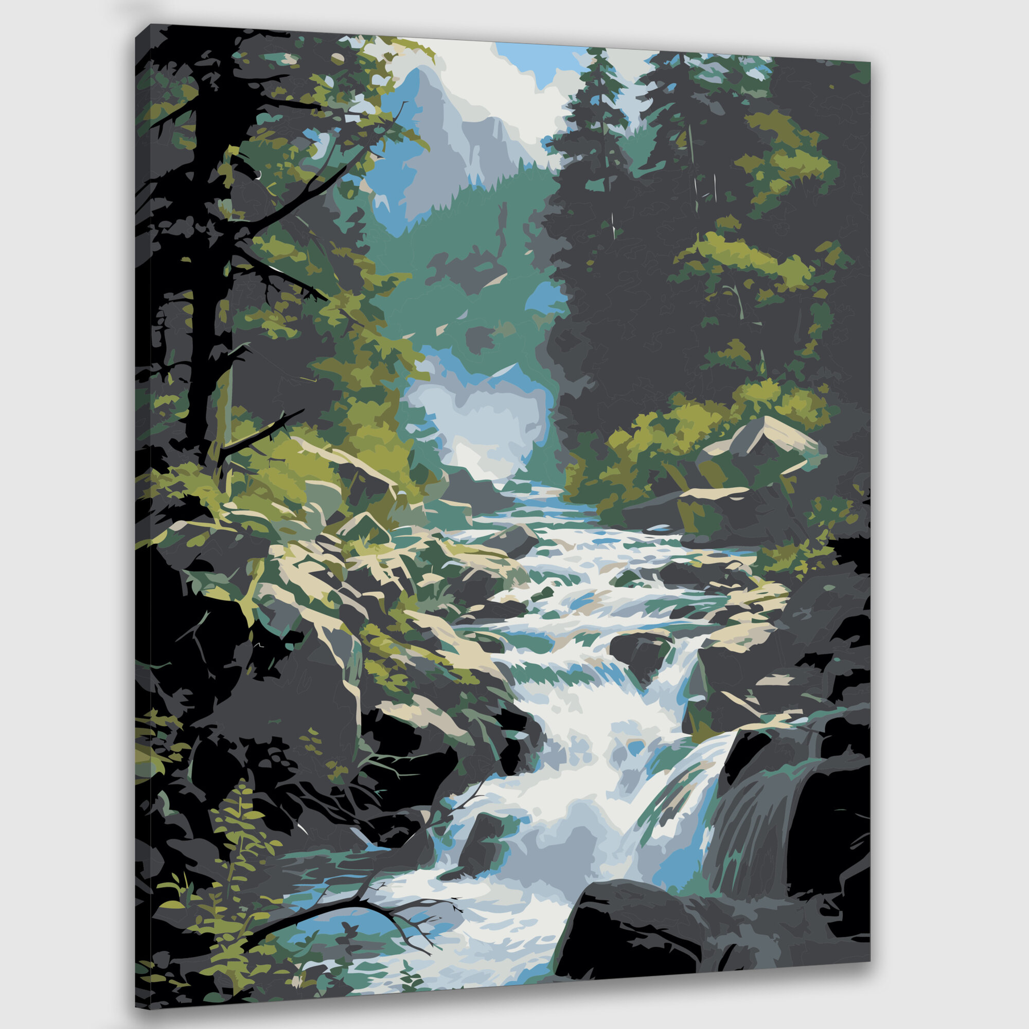 Картина по номерам 40x50 см, река, пороги, пенистая вода, смех, кристальная вода, гладкие камни, игривые узоры